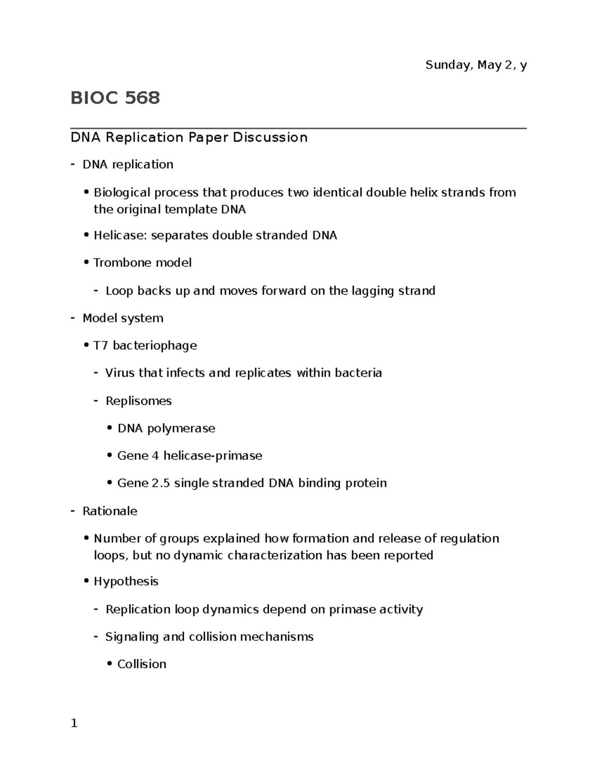 Lecture 2 - DNA Replication Paper Discussion - Wednesday, August 28, y ...