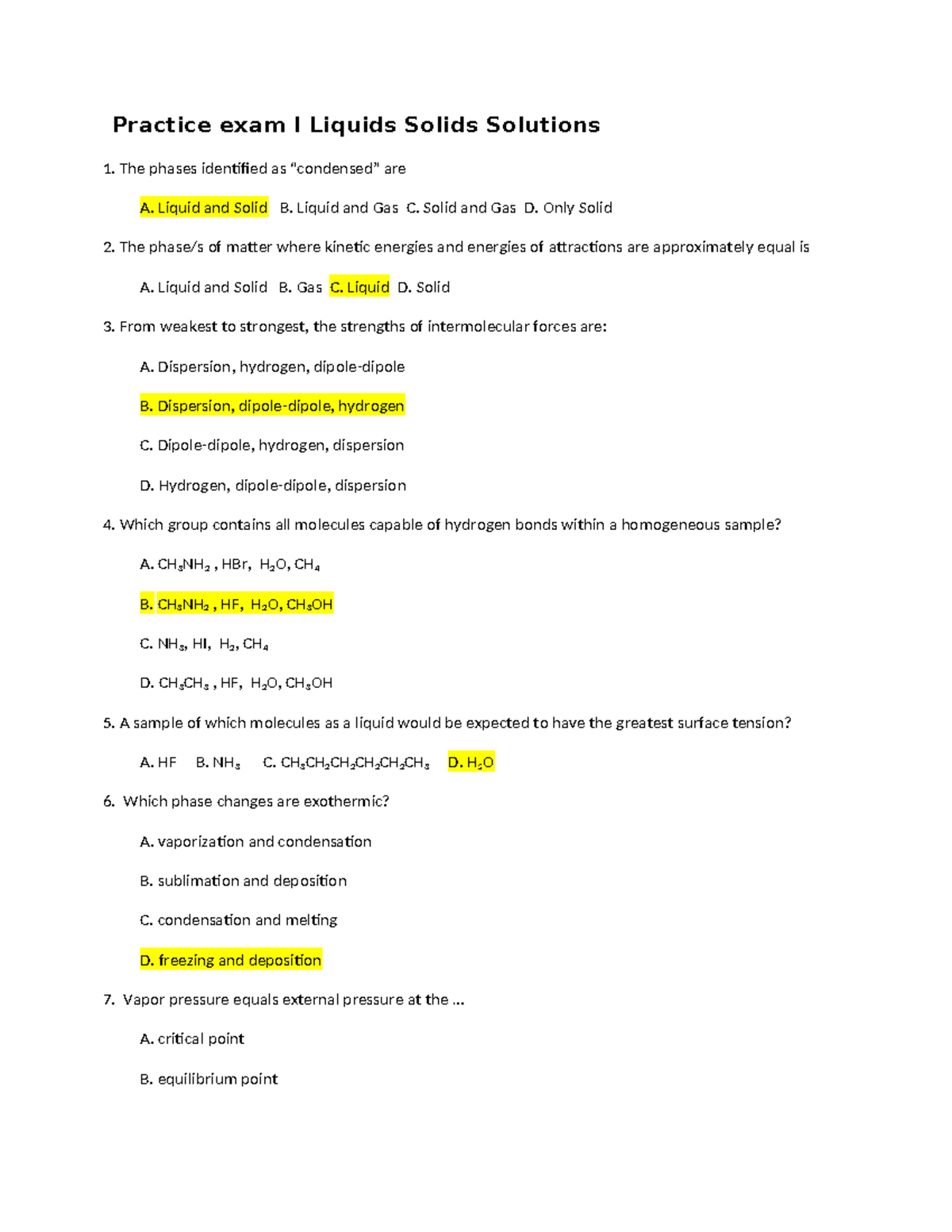 CHEM 122 Practice Exam I - Practice exam I Liquids Solids Solutions The ...