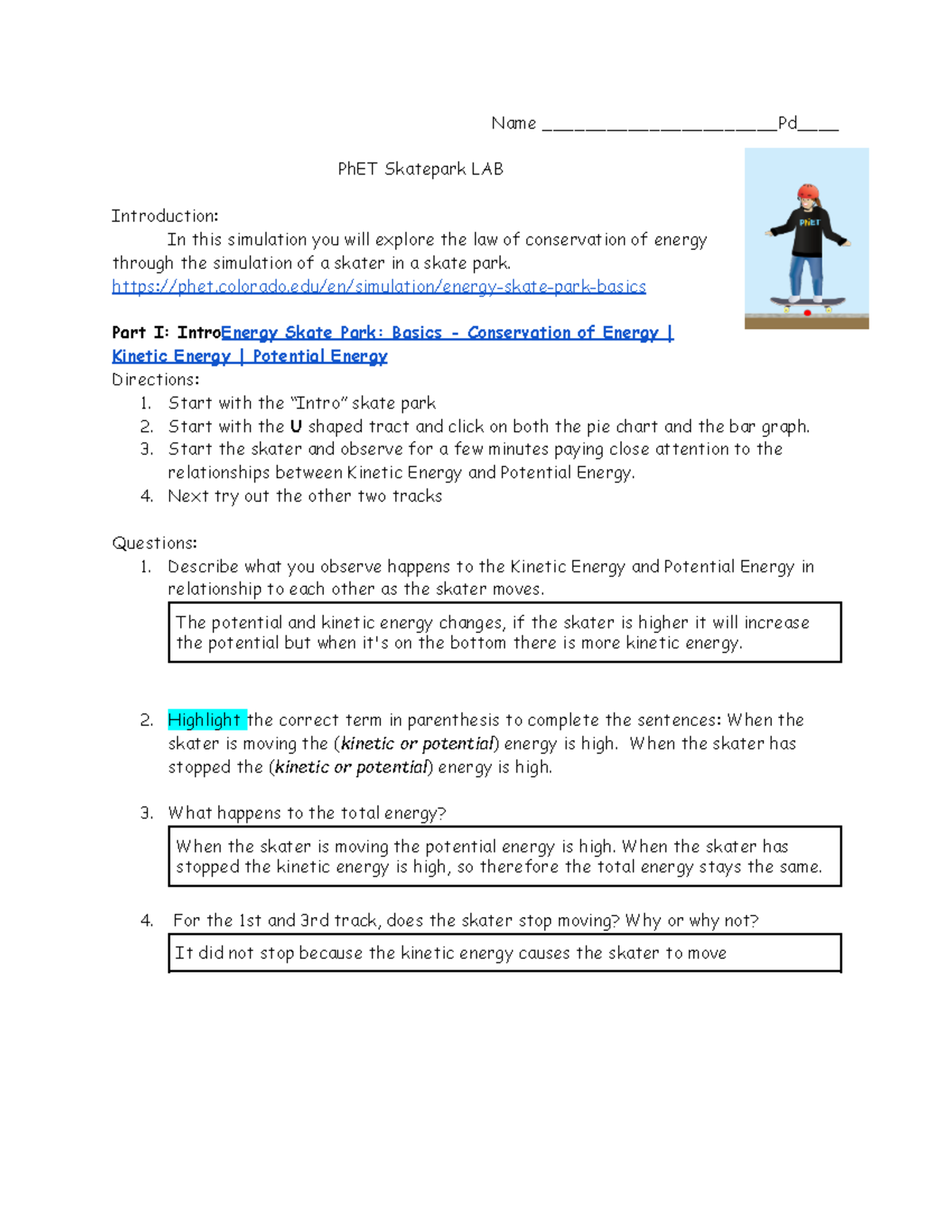 Copy of Ph ET skate park simulation - Name __________________Pd PhET ...