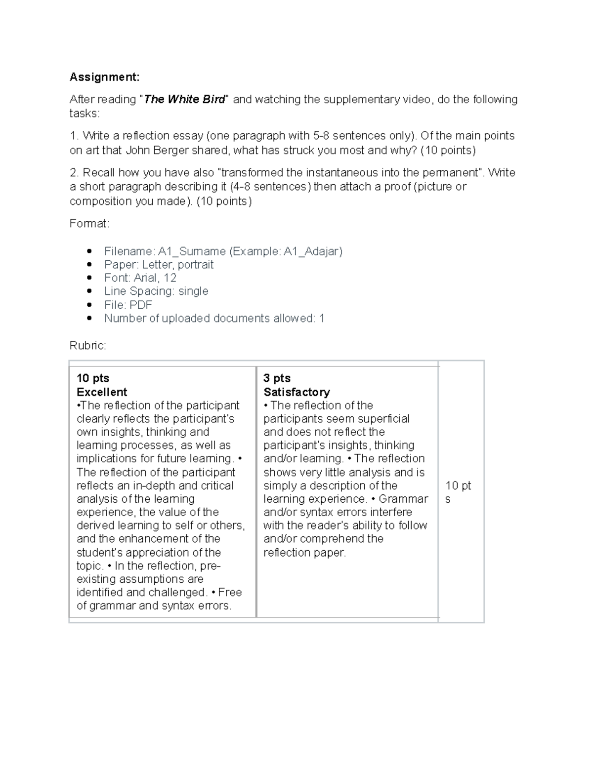 Assignment on The White Bird - Assignment: After reading “ The White ...