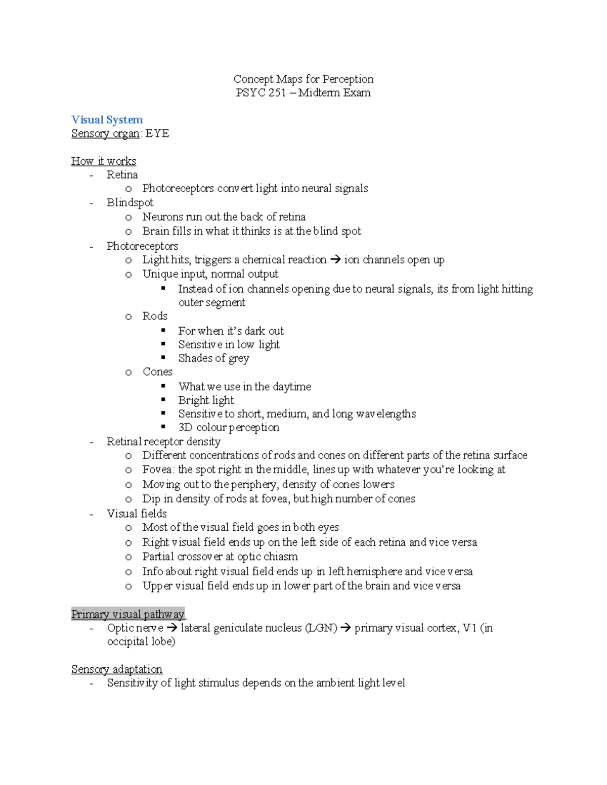 Concept Maps for Ch.3 Perception - Concept Maps for Perception PSYC 251 ...