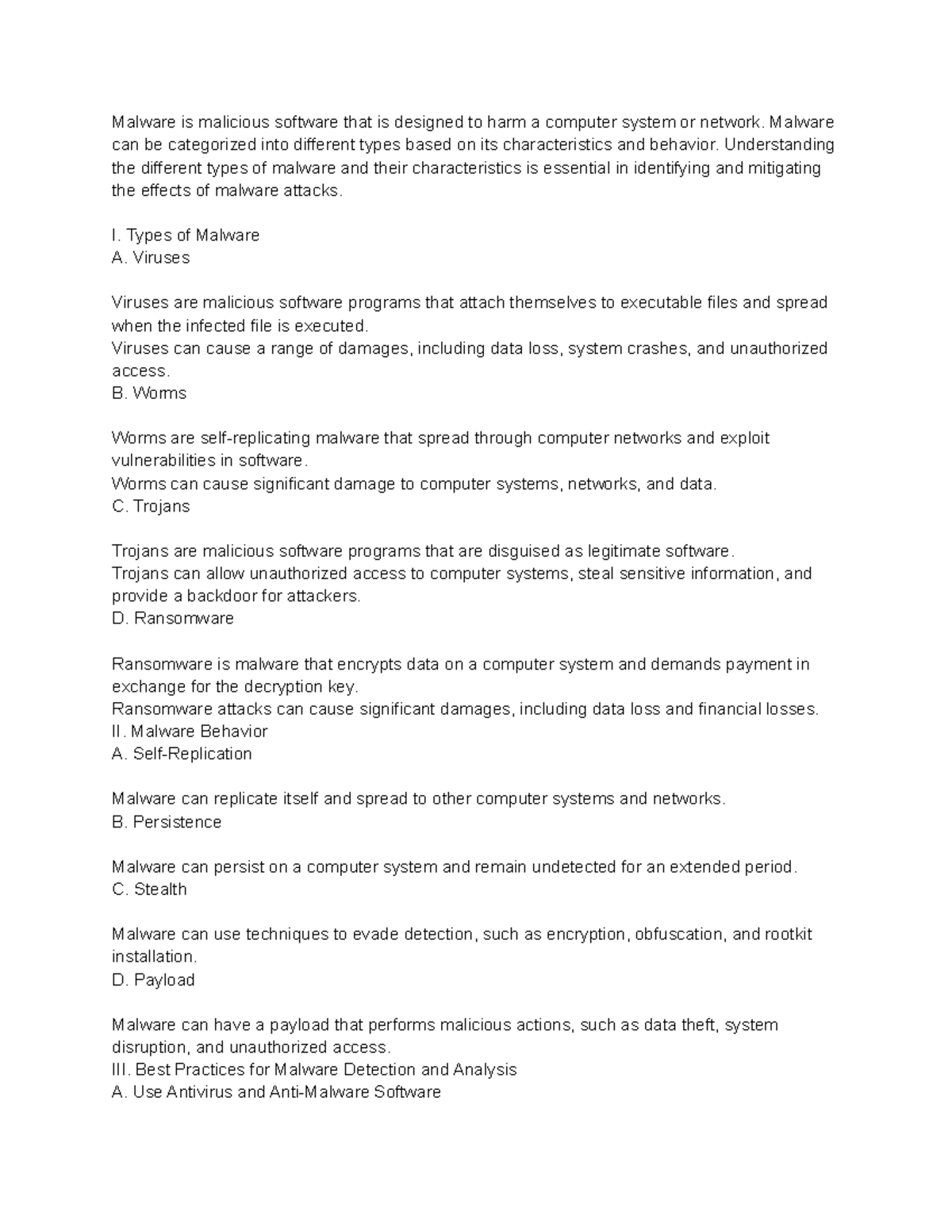 Malware Types and Characteristics Notes - Malware is malicious software ...