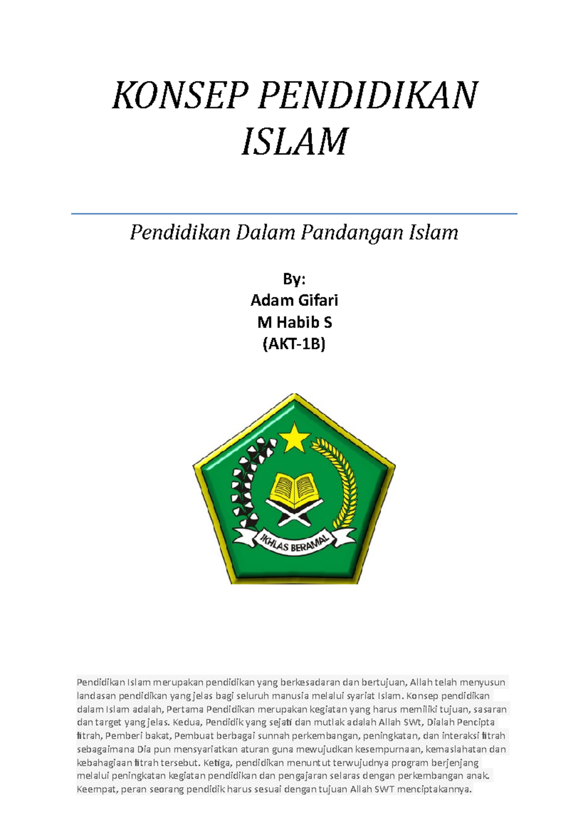 Makalah Pendidikan Islam - KONSEP PENDIDIKAN ISLAM Pendidikan Dalam Pandangan Islam By: Adam ...