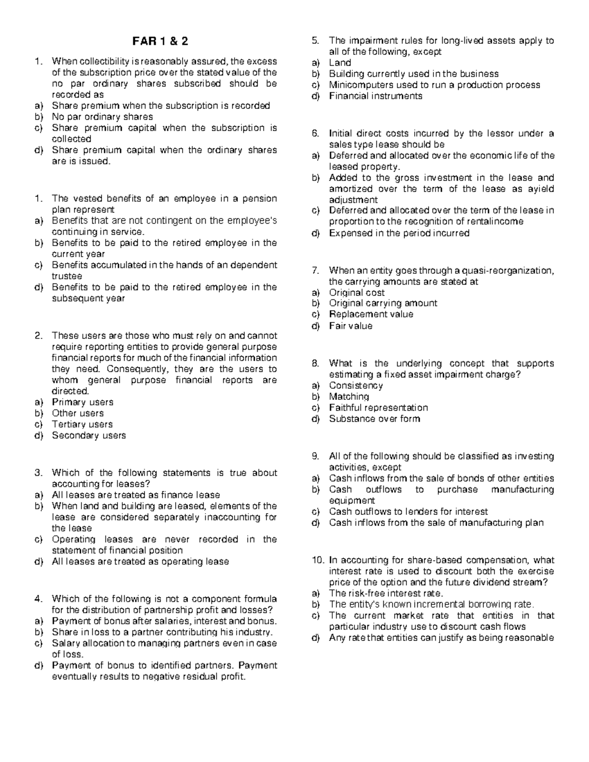 FAR 1 & 2 - FAR Sample test banks. It includes FAR 1 & 2. - FAR 1 & 2 ...