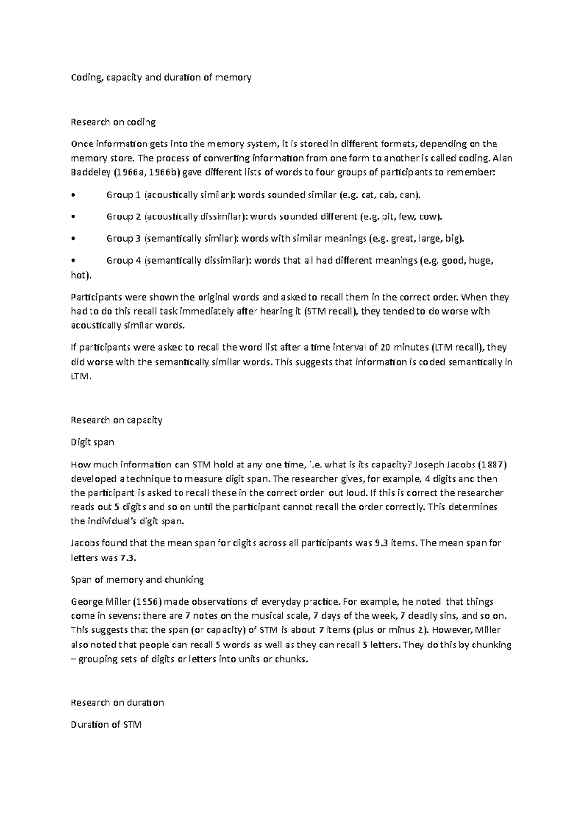 Coding, capacity and duration of memory - Coding, capacity and duration of memory Research on ...