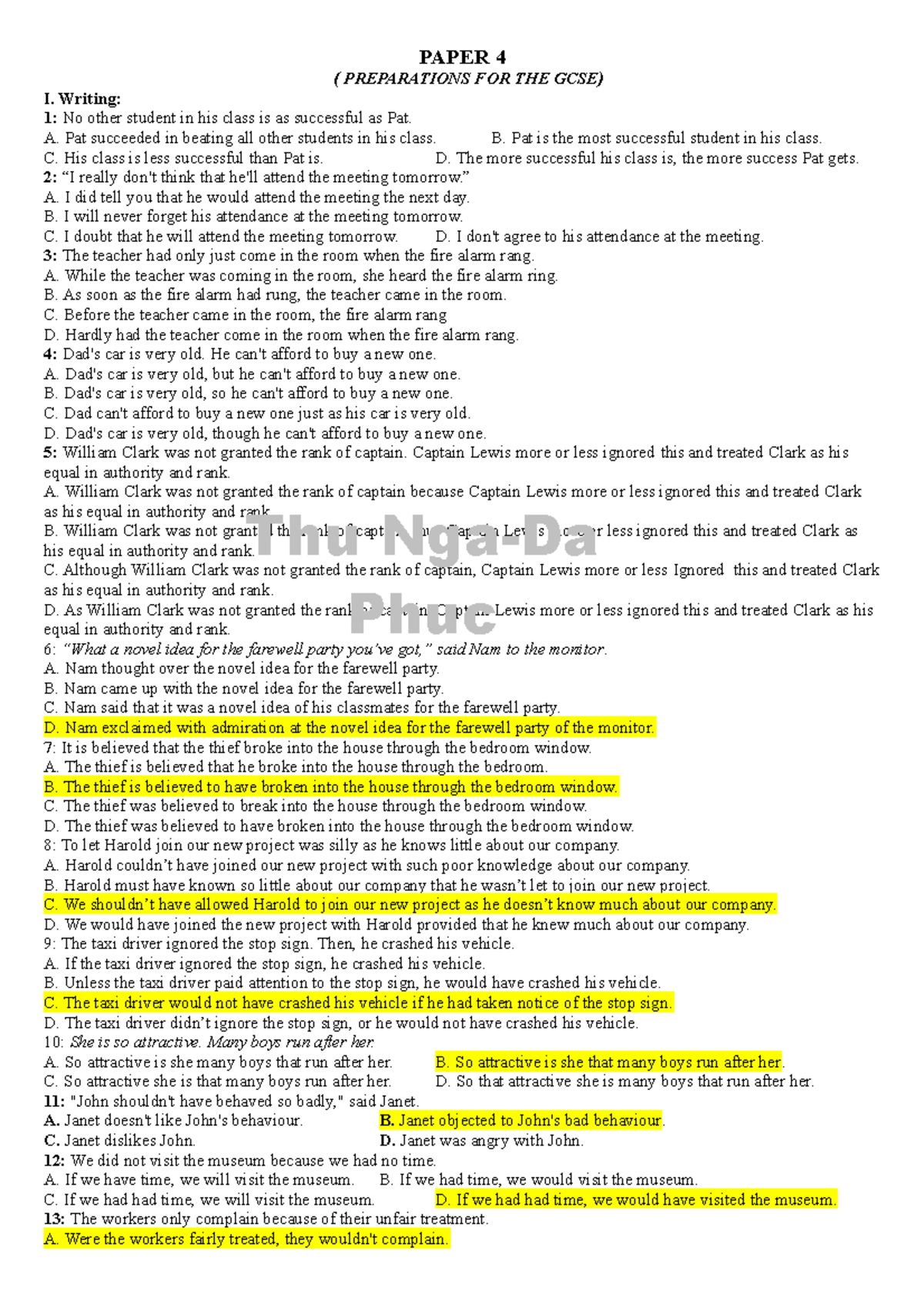Paper 4 moi - homework - PAPER 4 ( PREPARATIONS FOR THE GCSE) I ...