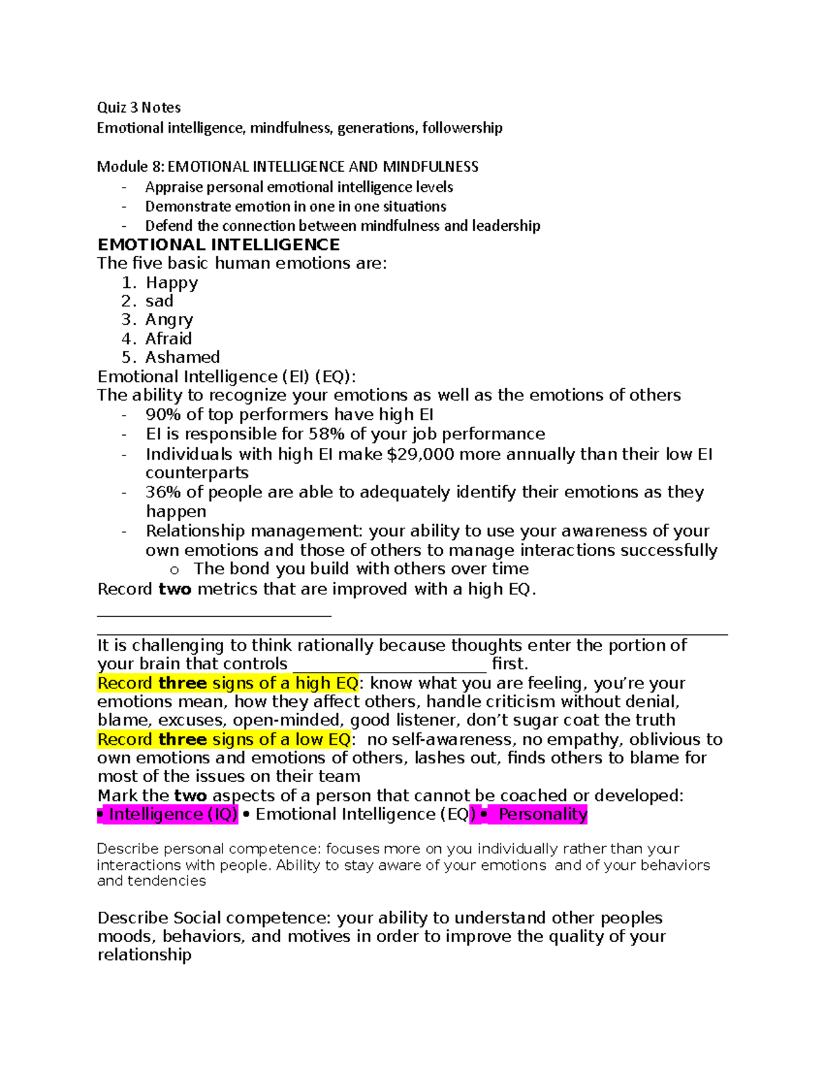 Quiz 3 Notes; Emotional Intelligence, Mindfulness, generations ...