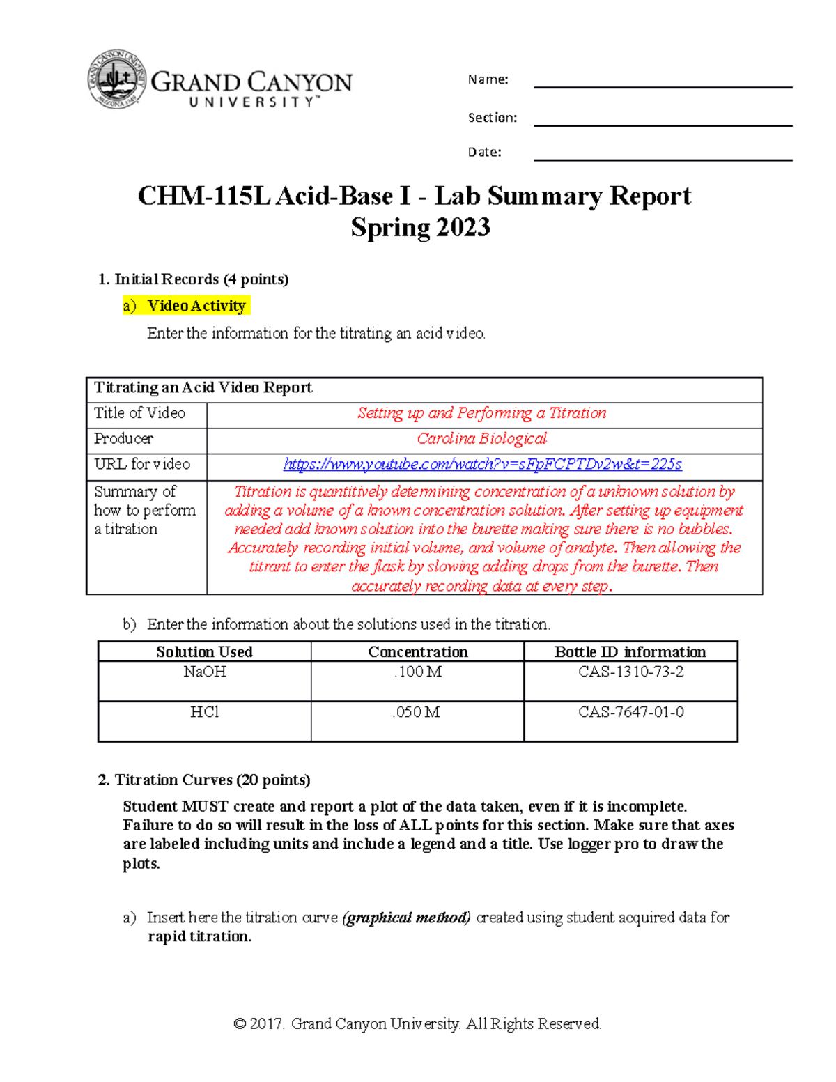 Acid and Base I - Acids and Base 1 lab report with graphs. - Section ...