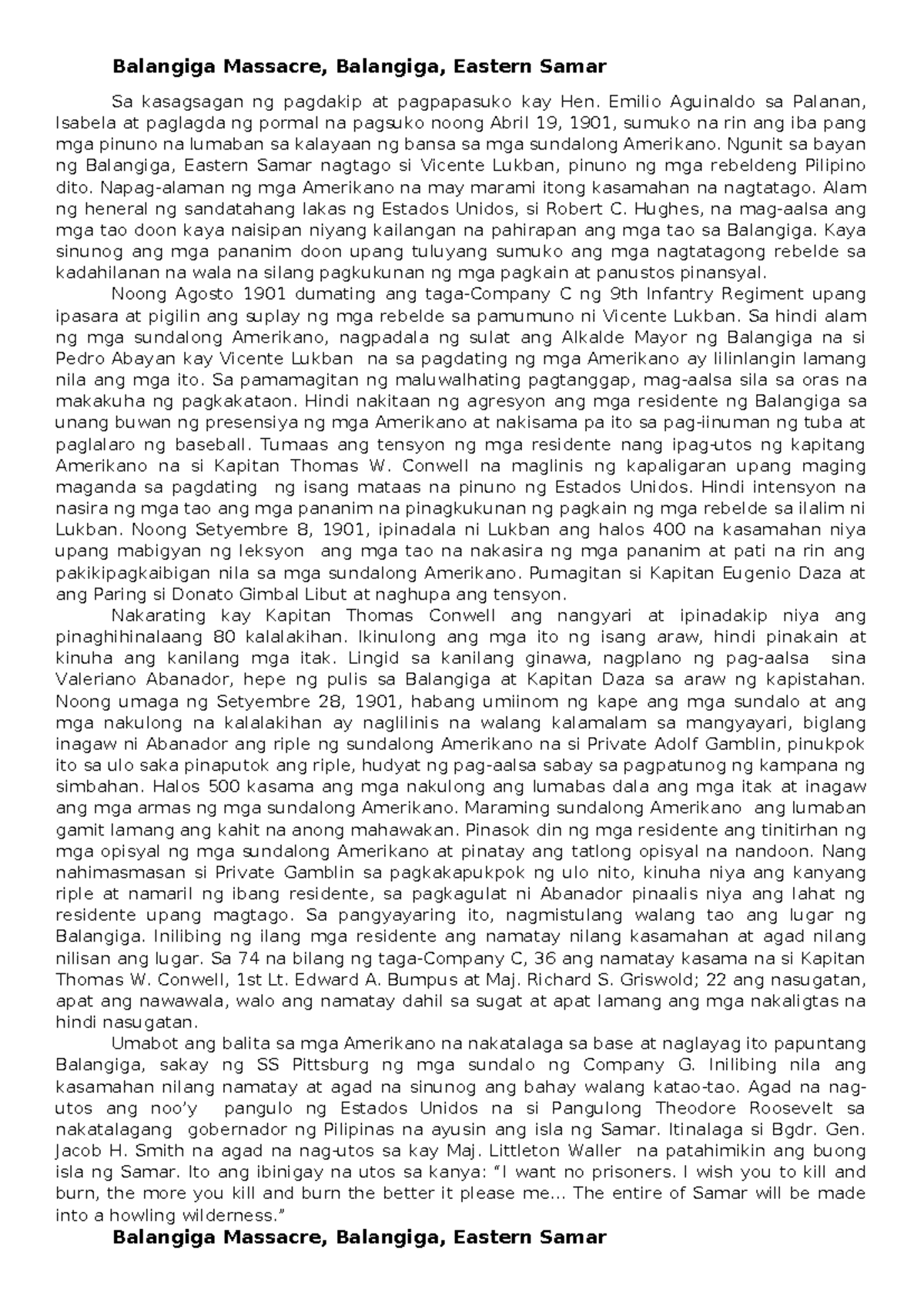 Mga Heneral sa Labanang Pilipino - Balangiga Massacre, Balangiga ...