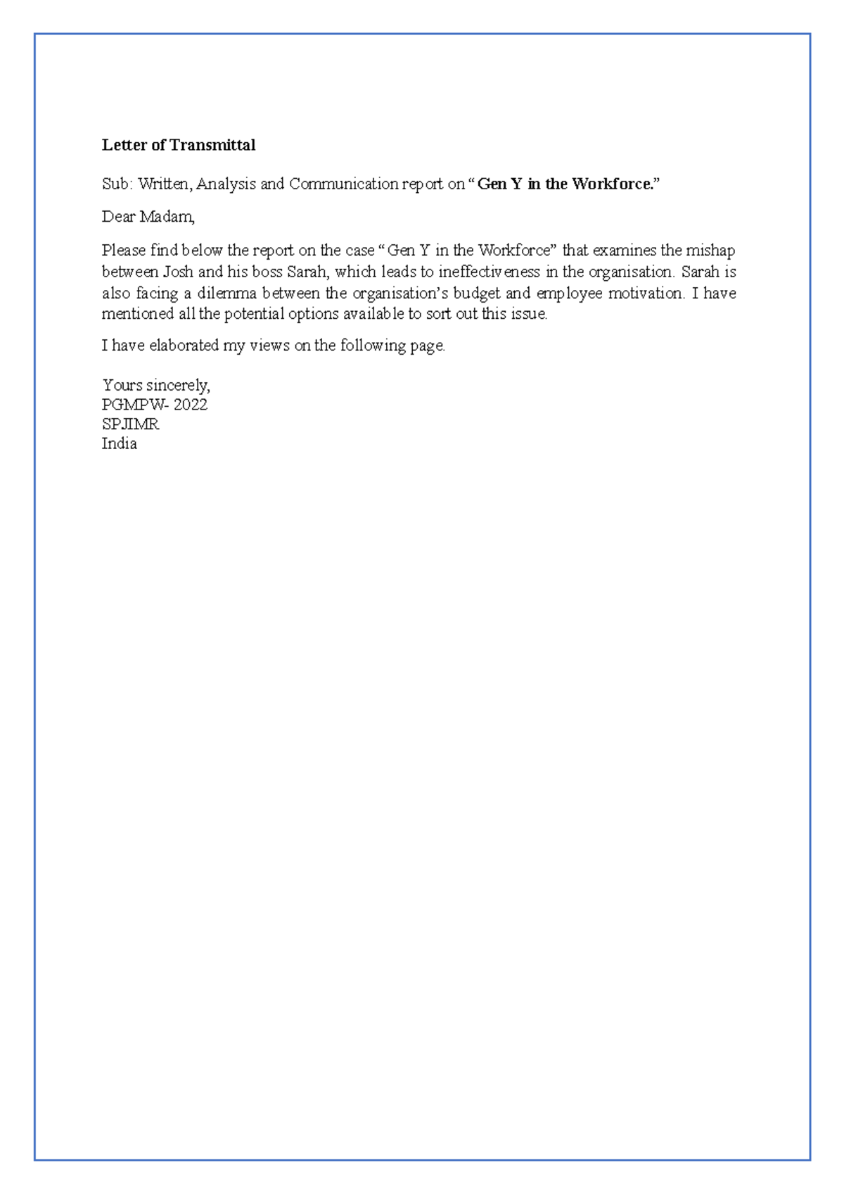 Genz - Letter of Transmittal Sub: Written, Analysis and Communication ...