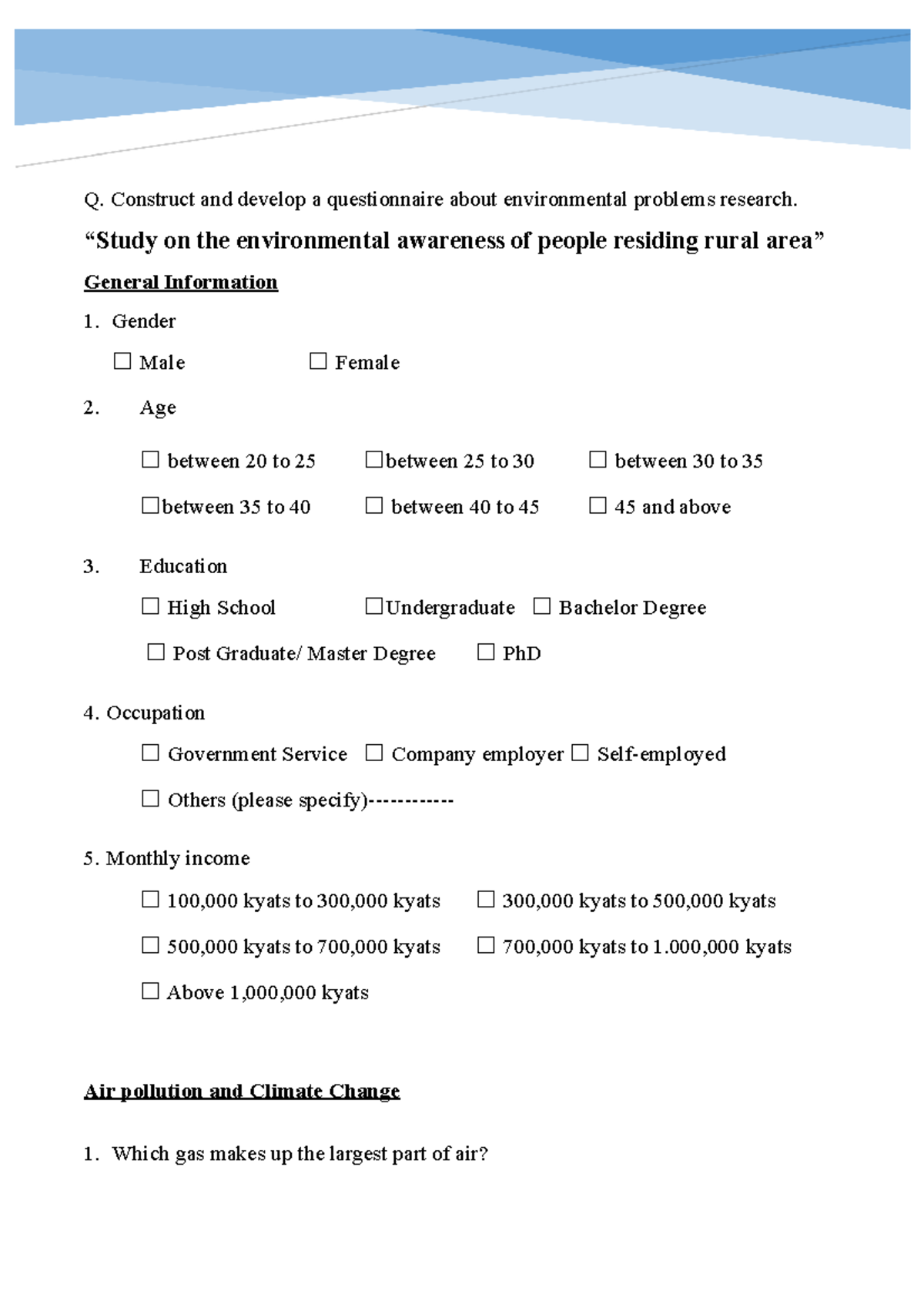 Survey Questionnaire Form Sample - Q. Construct and develop a ...