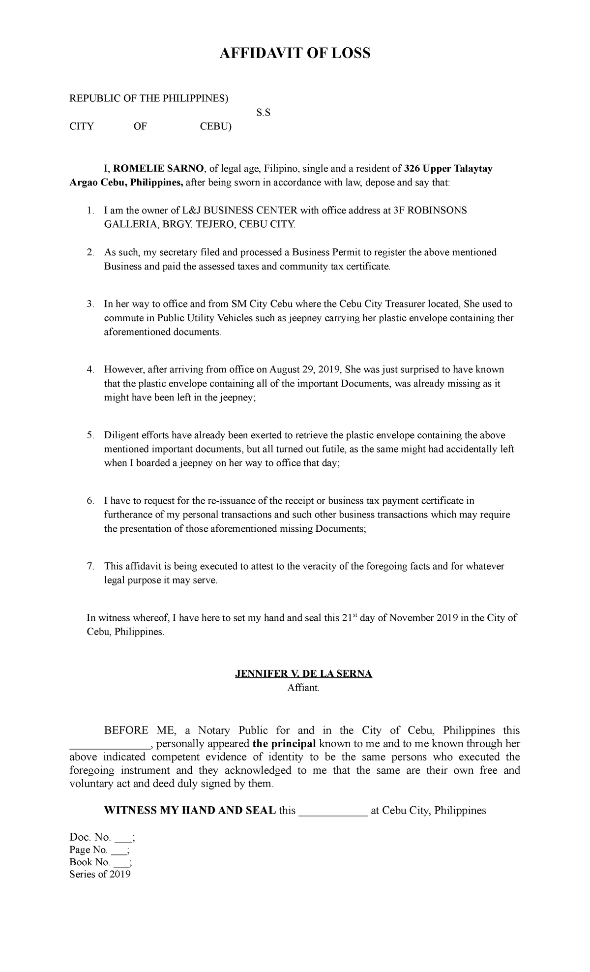 Affidavit OF LOSS Documents AFFIDAVIT OF LOSS REPUBLIC OF THE affidavit-of-loss-documents-affidavit-of-loss-republic-of-the