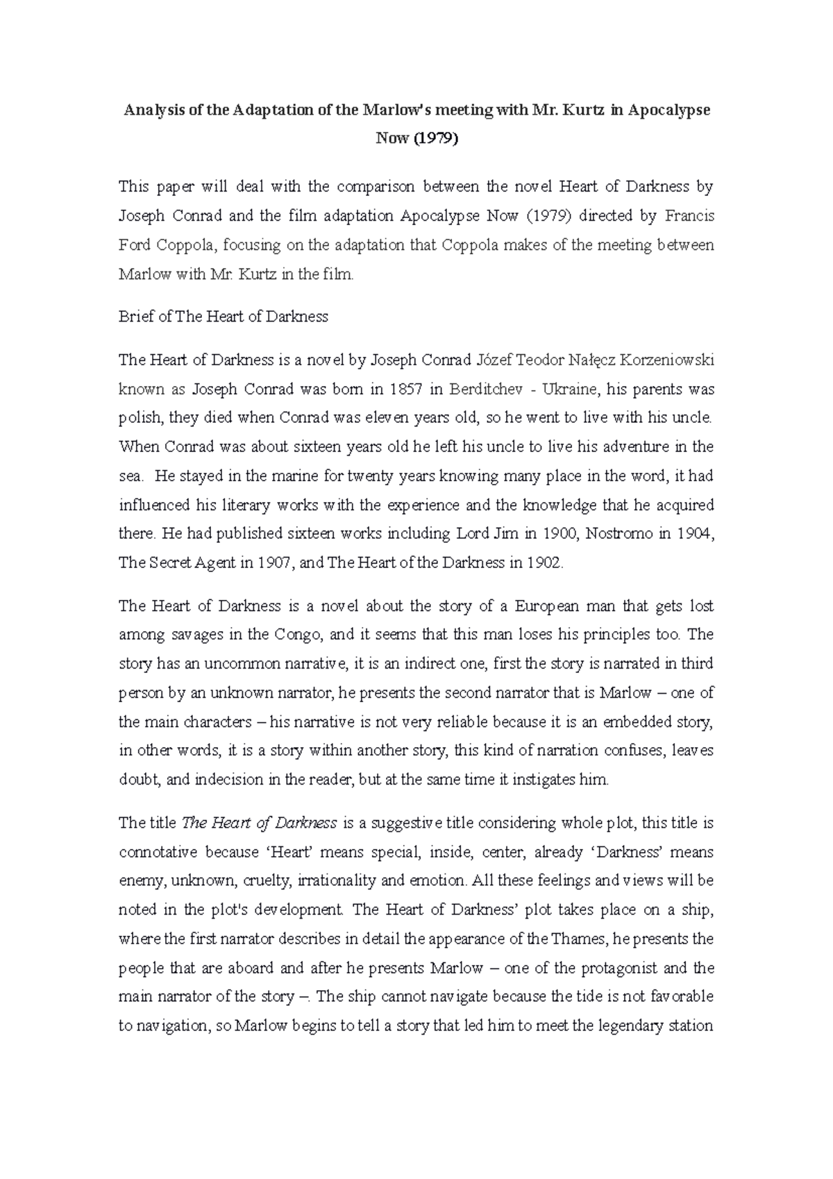 Heart of Darkness - Analysis - Analysis of the Adaptation of the Marlow ...