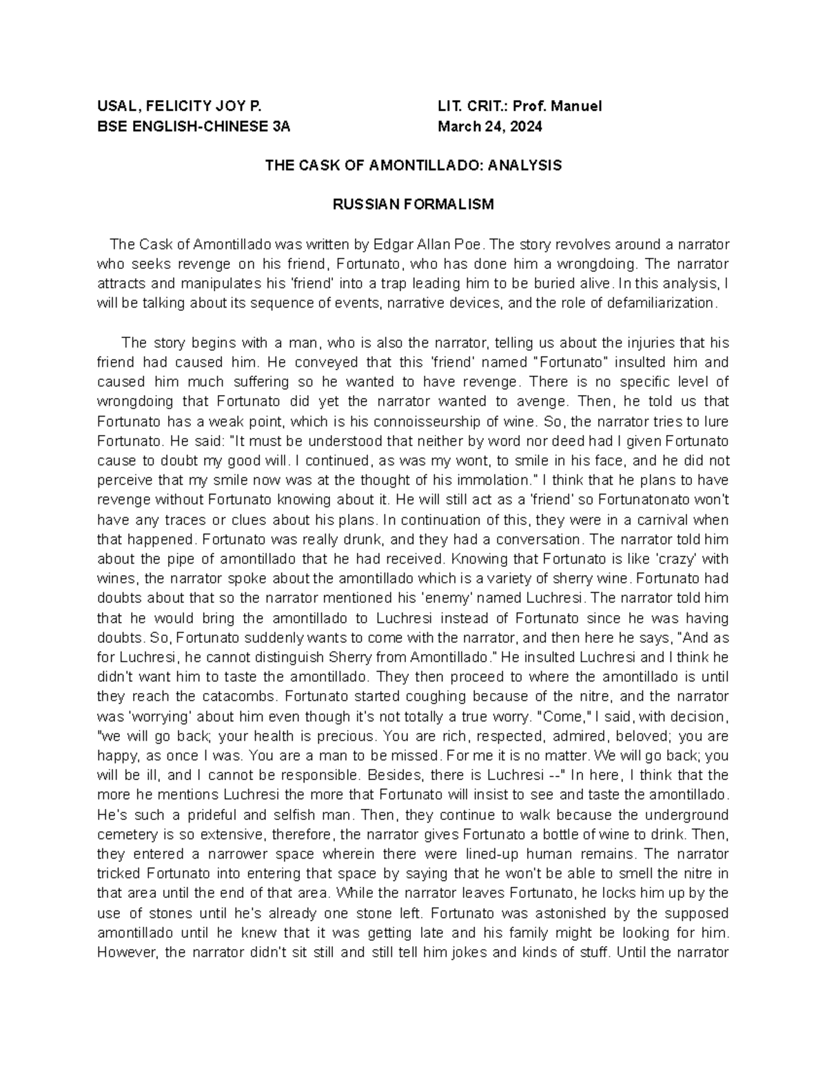 The Cask Of Amontillado Analysis - USAL, FELICITY JOY P. BSE ENGLISH ...