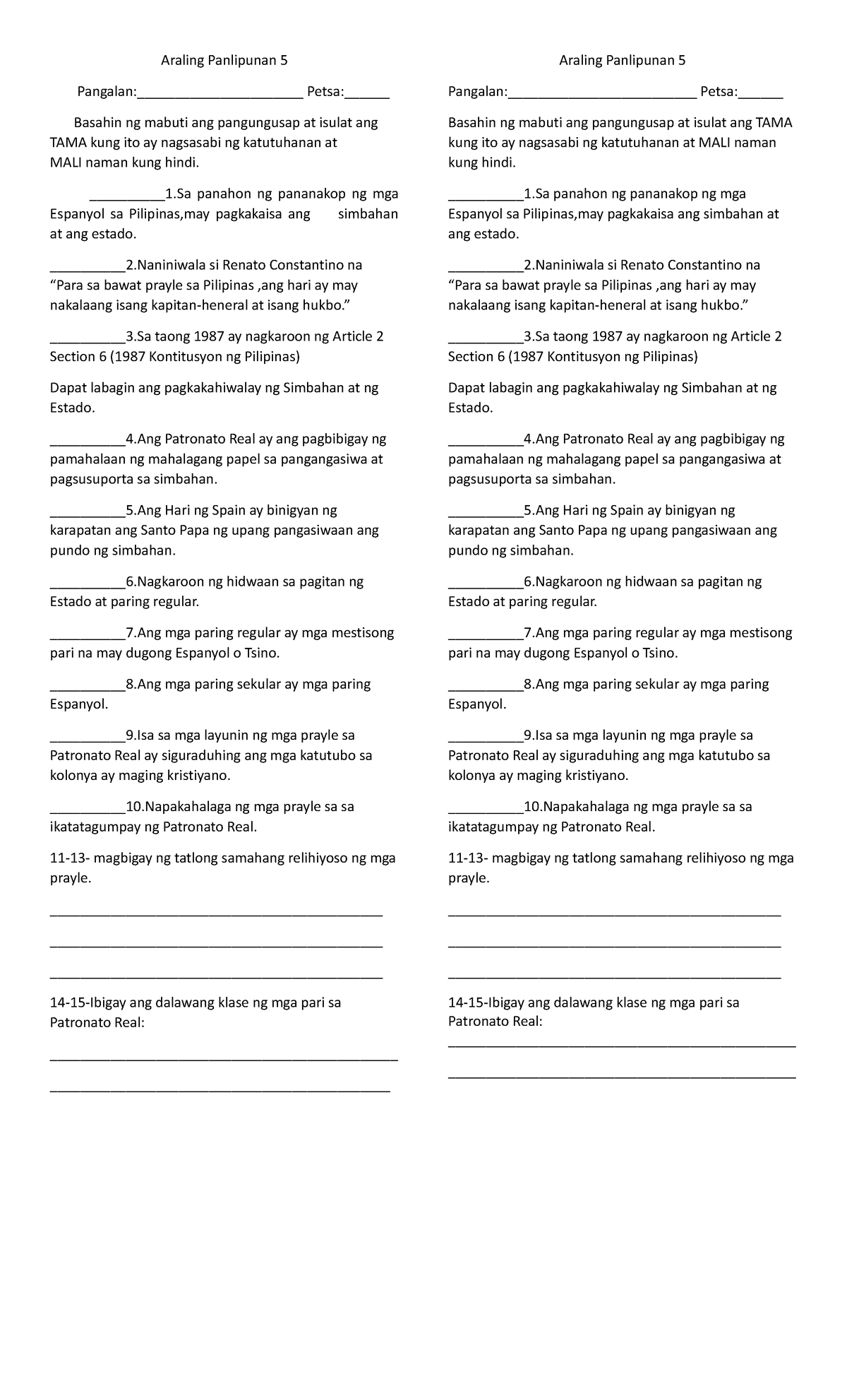 Araling Panlipunan 5 quiz week 5 - Araling Panlipunan 5 Pangalan:______________________ Petsa ...