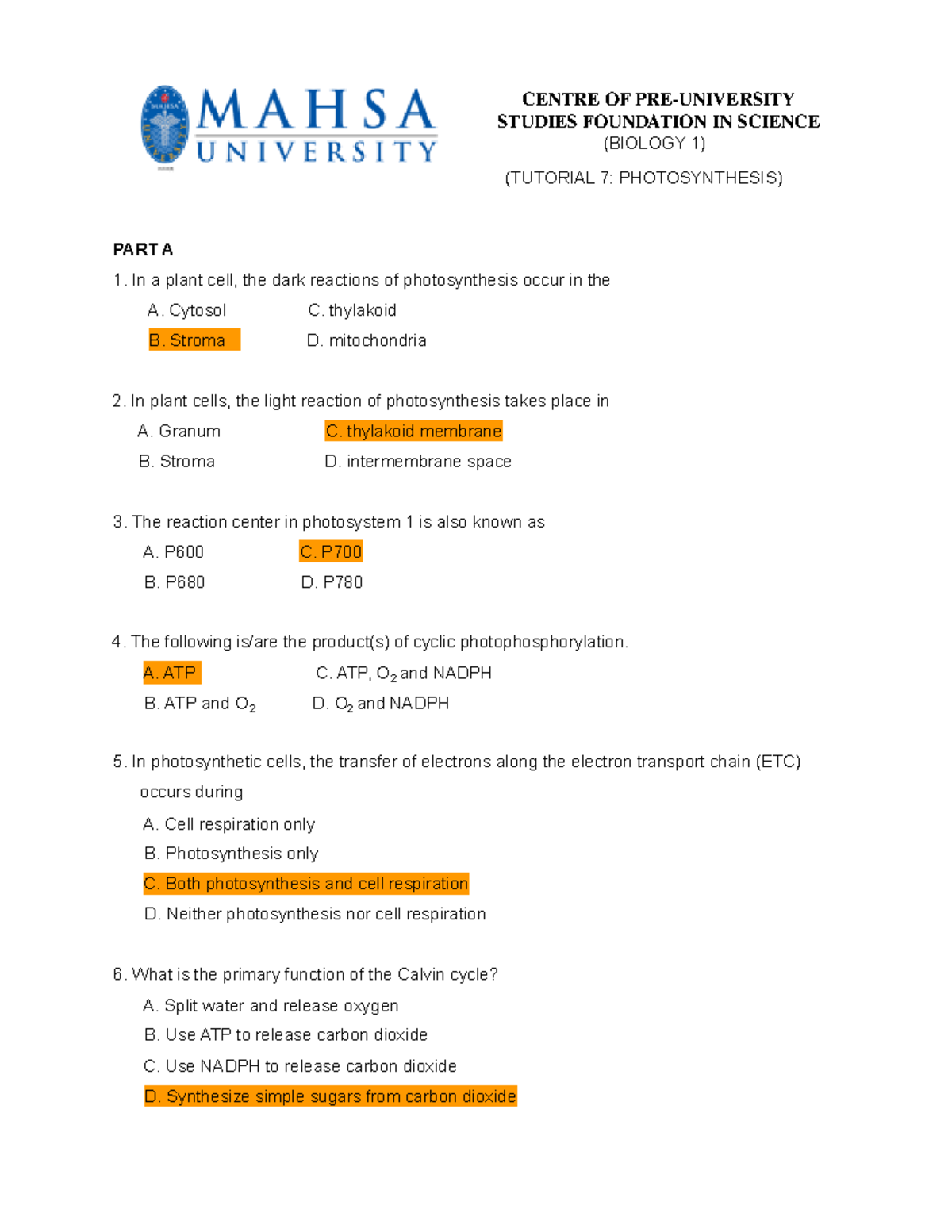 Tutorial 7 - Photosynthesis paper - Oral Biology - Studocu