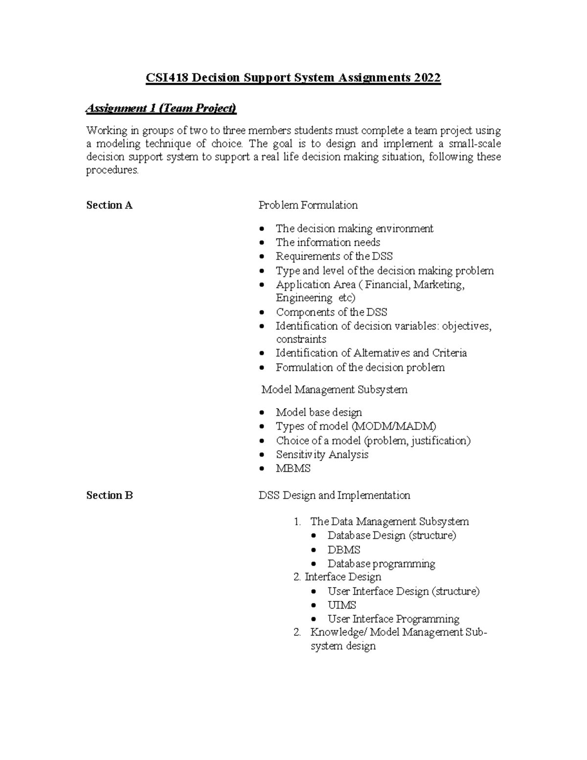 CSI418 Assignments 2022 - CSI418 Decision Support System Assignments 2022 Assignment 1 (Team ...