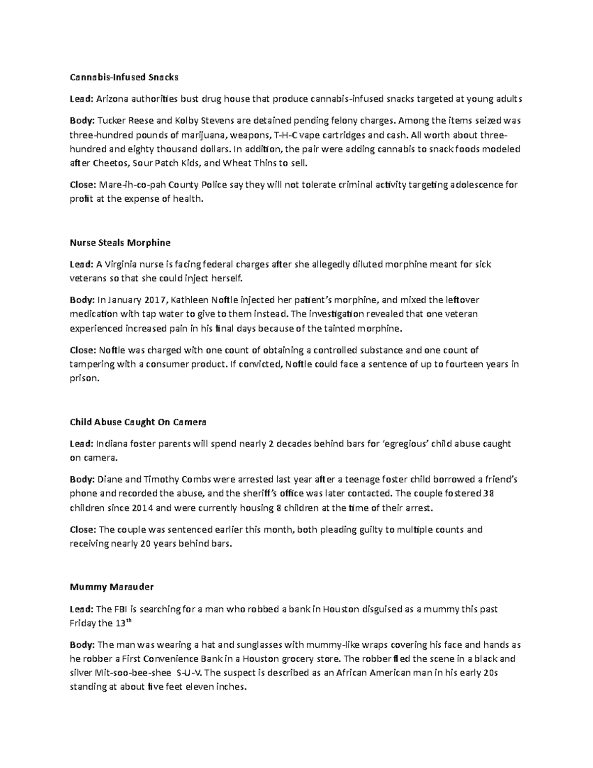 9-19 - 5 news articles written in broadcast form - DO NOT COPYWRITE ...