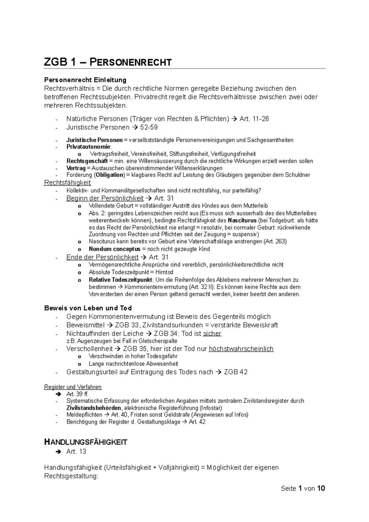 ZGB I - Einleitungsartikel und Personenrecht Kurzzusammenfassung HS 14 ...