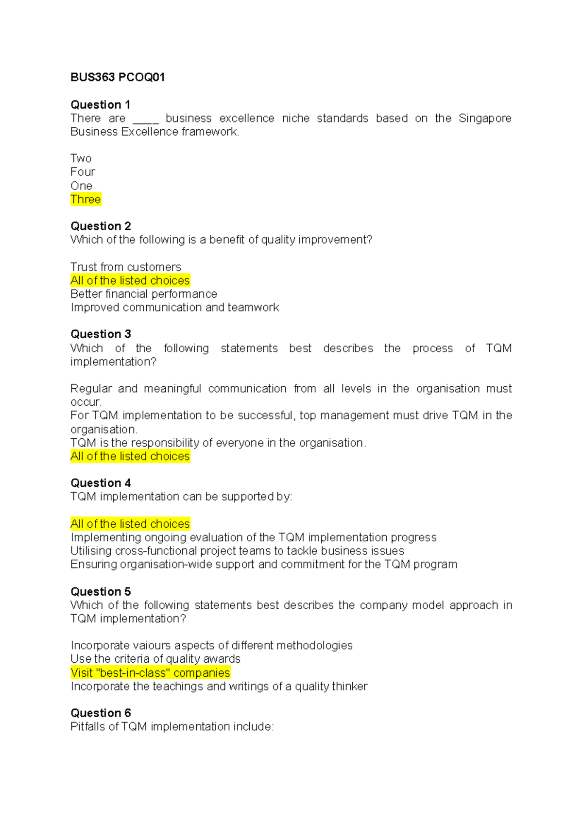 BUS363 Total Quality Management Pre course quiz - BUS363 PCOQ Question ...