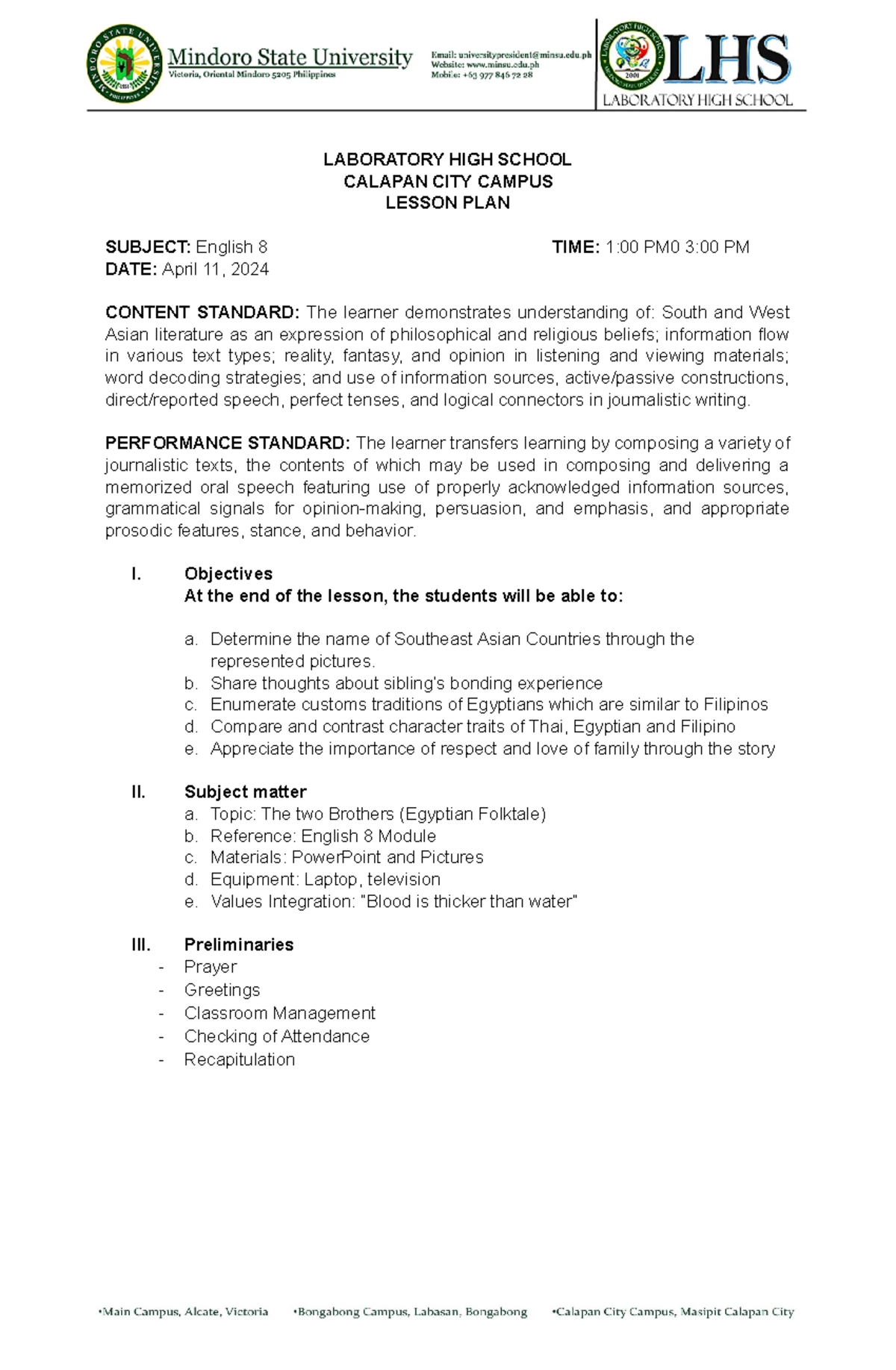 Lesson PLAN Literature - LABORATORY HIGH SCHOOL CALAPAN CITY CAMPUS ...