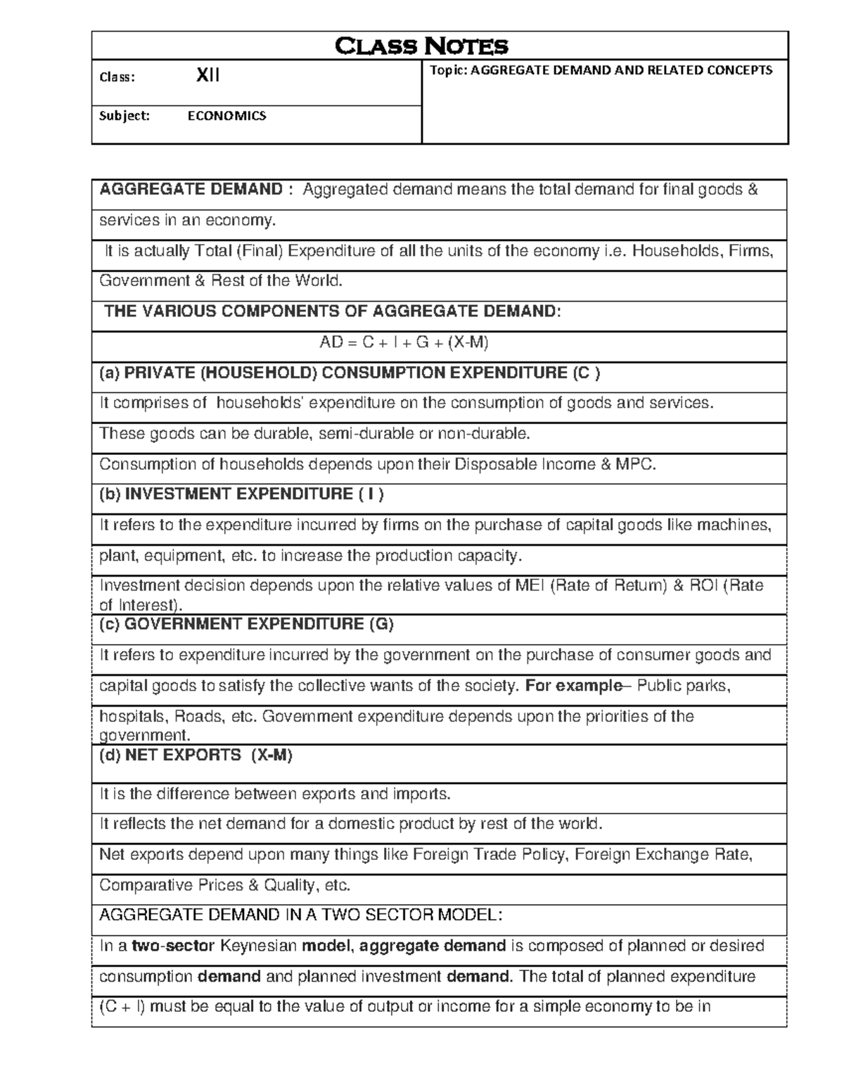 12-ECO - Description provided in short notes - Class Notes Class: XII ...