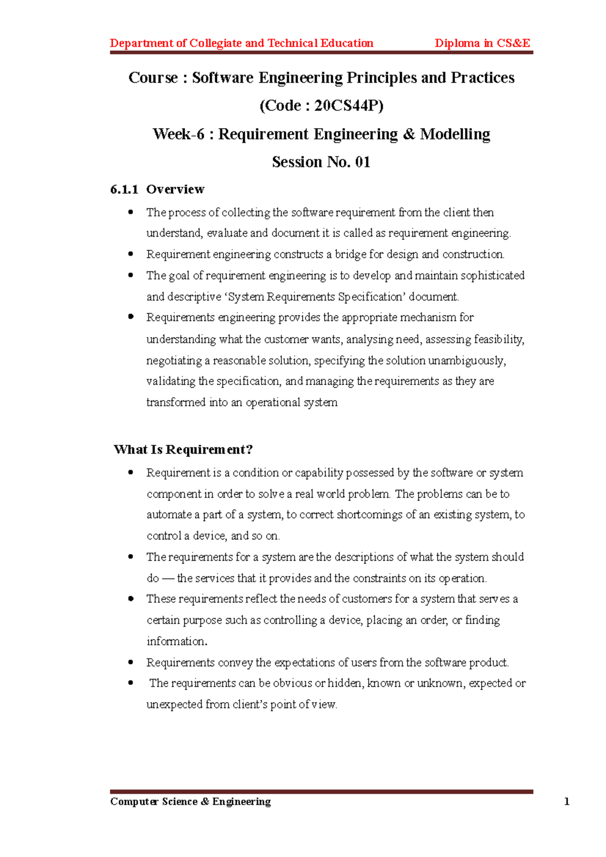 CSE 20CS44P W6 S1 Sy - REQUIREMENT ENGINEERING AND MODELLING - Course : Software Engineering ...