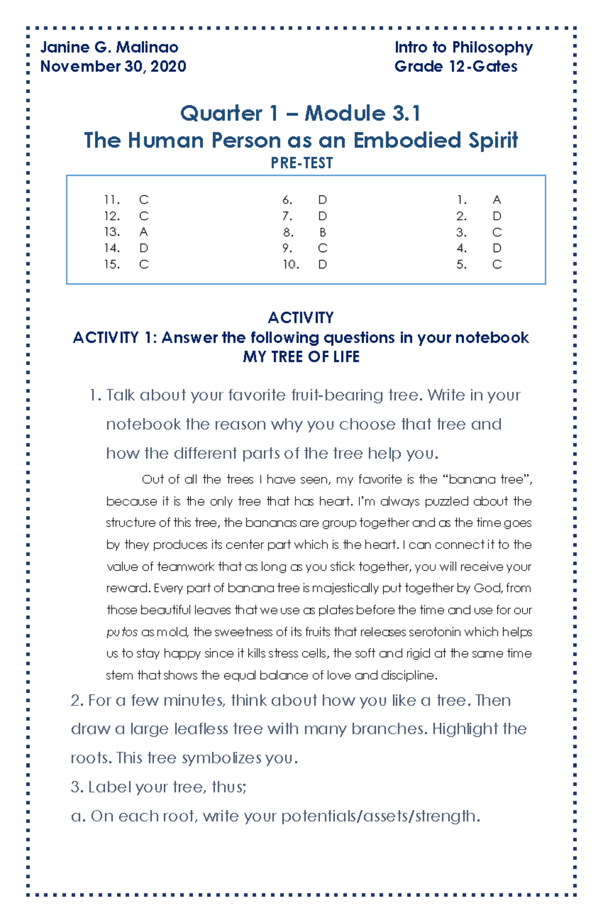 Philosophy Module 3 - Quarter 1 – Module 3. The Human Person as an ...