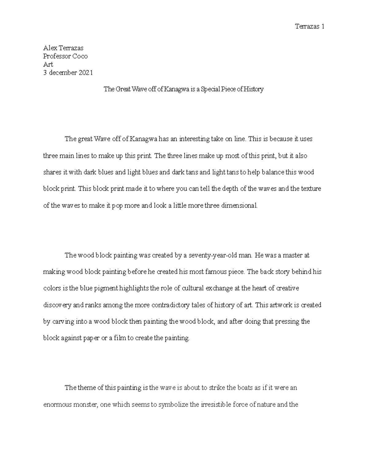 Art paper draft - art - Terrazas 1 Alex Terrazas Professor Coco Art 3 ...