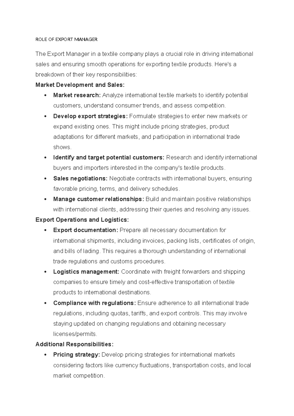ROLE OF Export Manager - ROLE OF EXPORT MANAGER The Export Manager in a ...