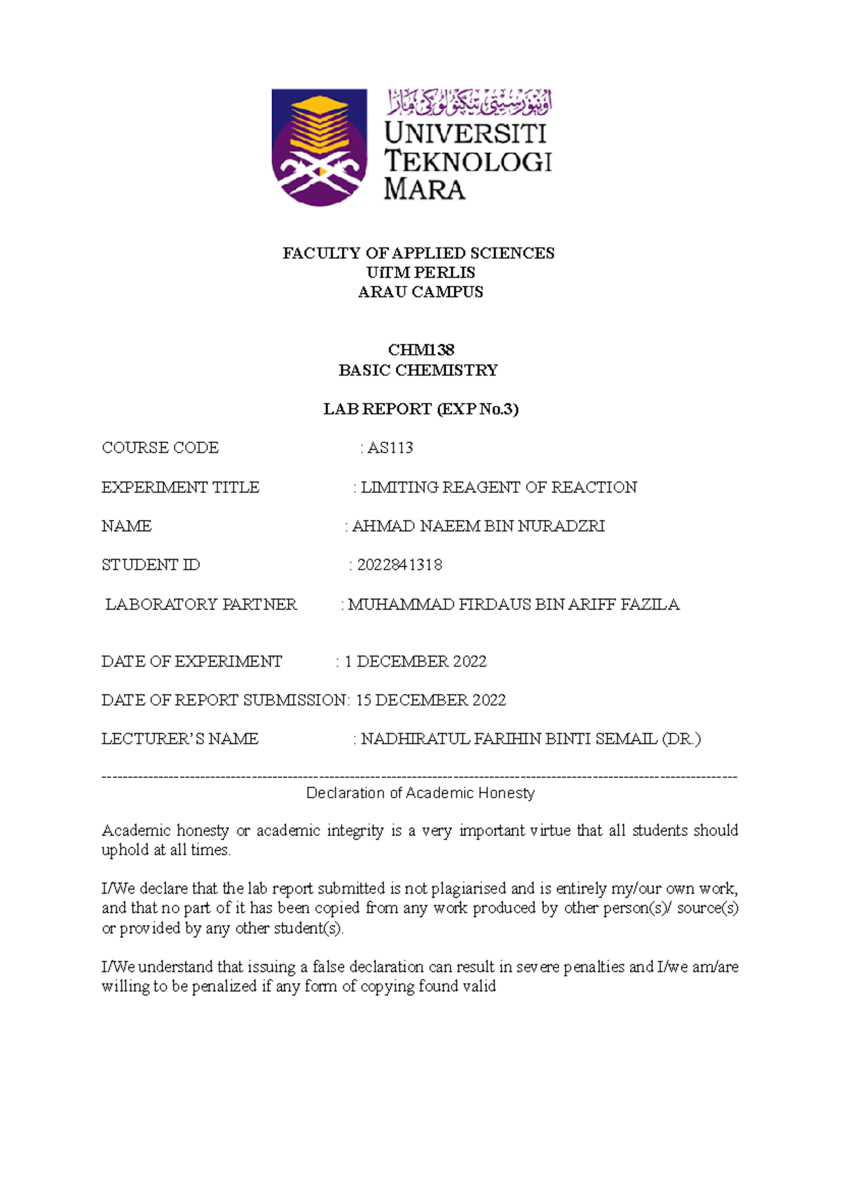 Lab report chm138 - .... - FACULTY OF APPLIED SCIENCES UiTM PERLIS ARAU ...