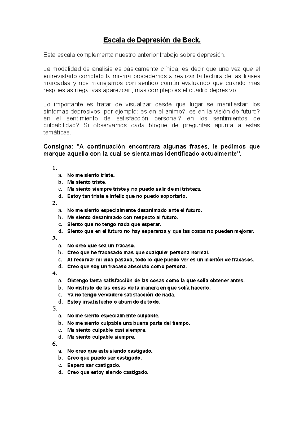 Escala de Depresión de Beck - Esta escala complementa nuestro anterior ...