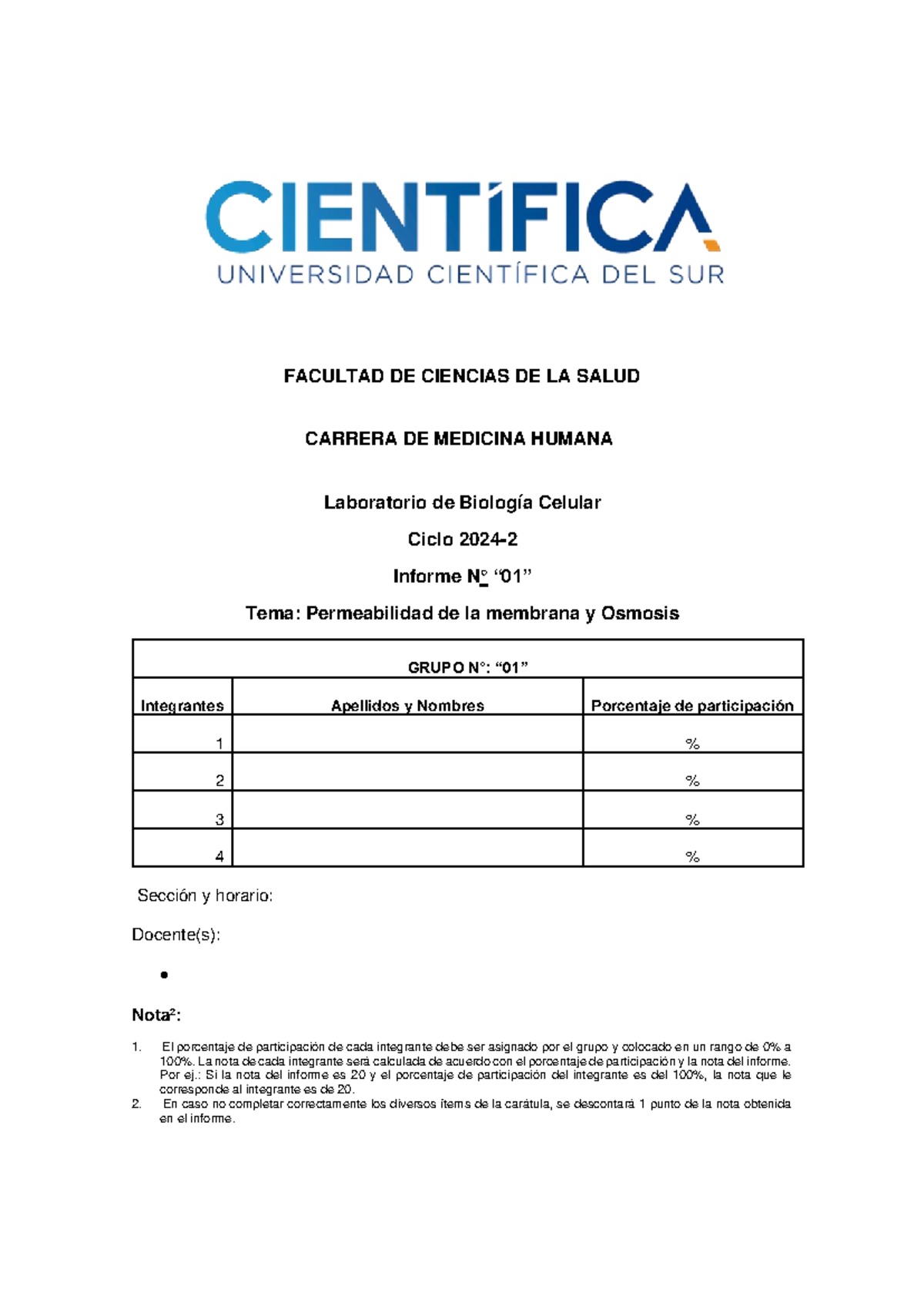 Formato Caratula Informe 1 - FACULTAD DE CIENCIAS DE LA SALUD CARRERA ...
