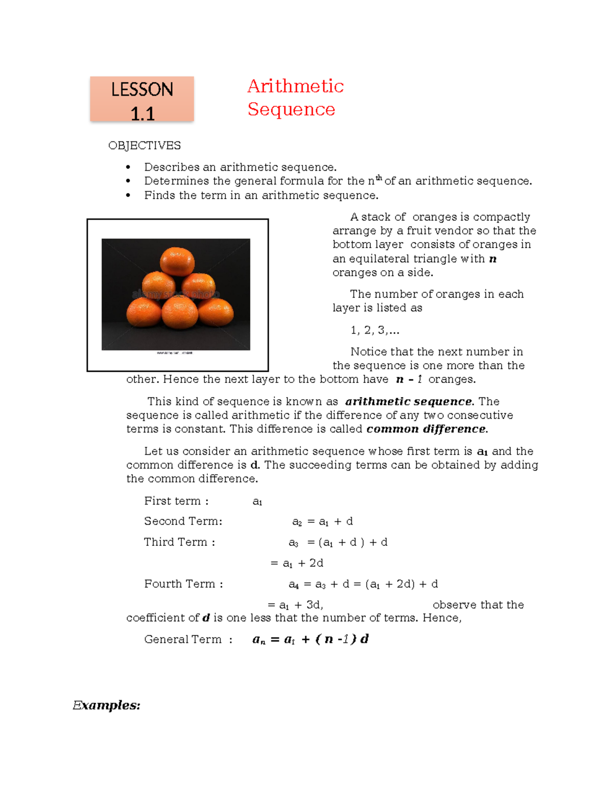 G10 Chapter 1 Lesson 1 - OBJECTIVES Describes an arithmetic sequence. Determines the general ...