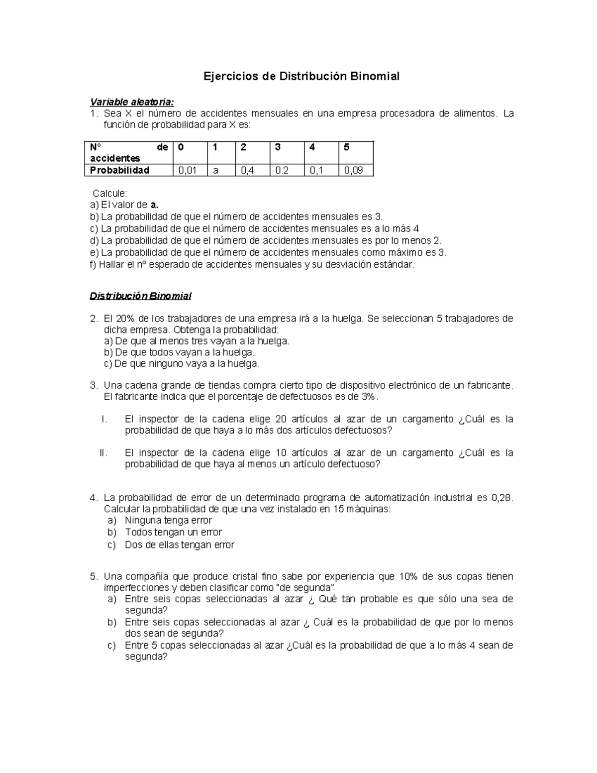 Ejercicios de Variable aleatoria y Distribución Binomial - Ejercicios de Distribución Binomial ...