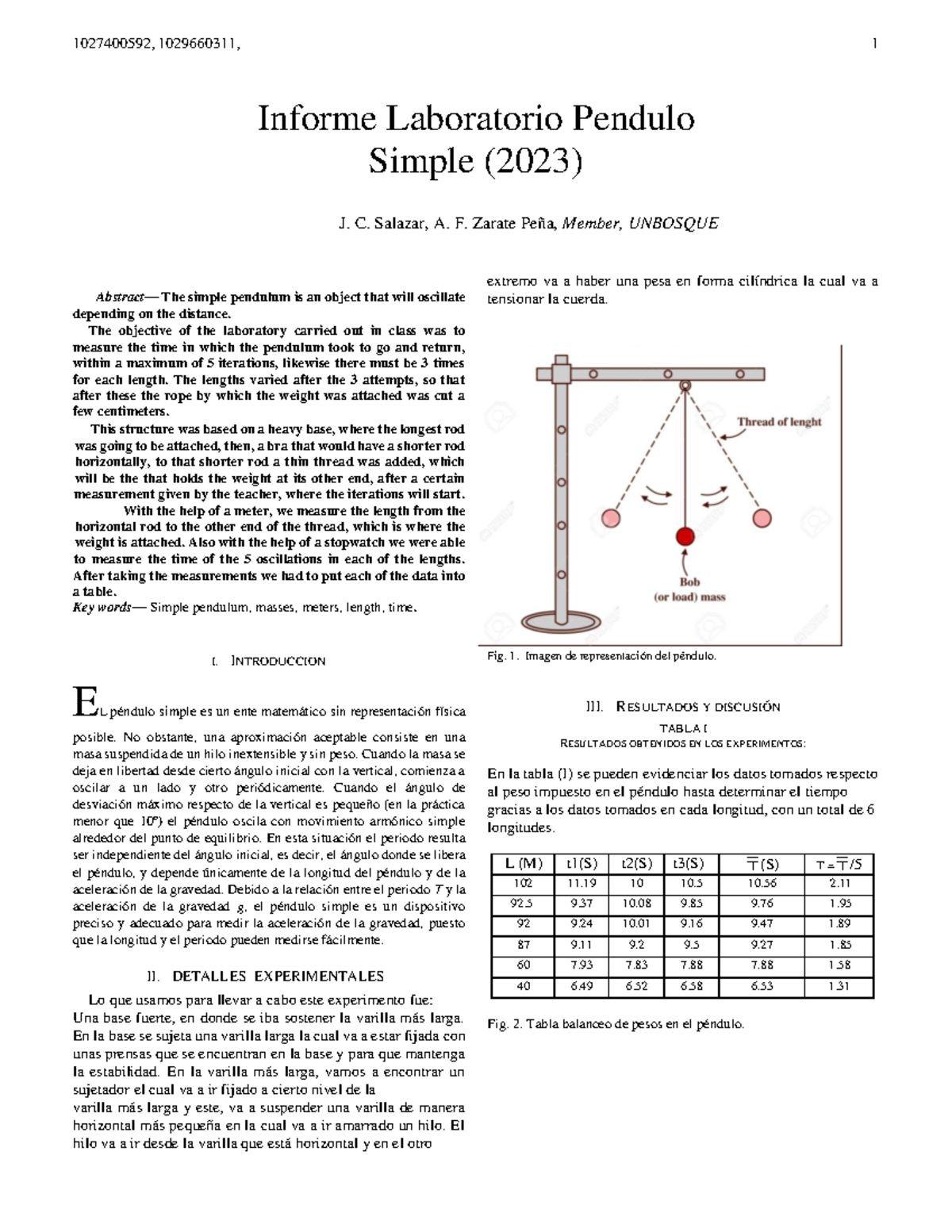 Pendulo Simple- Parejas - 1027400592, 1029660311, 1 Informe Laboratorio Pendulo Simple ( 2023 ...