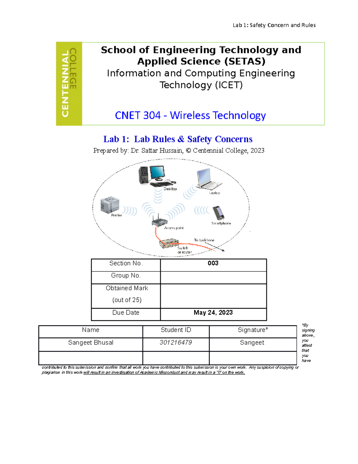 Sangeet Bhusal Lab 1 - wireless technology lab 1 - Lab 1: Lab Rules & Safety Concerns Prepared ...