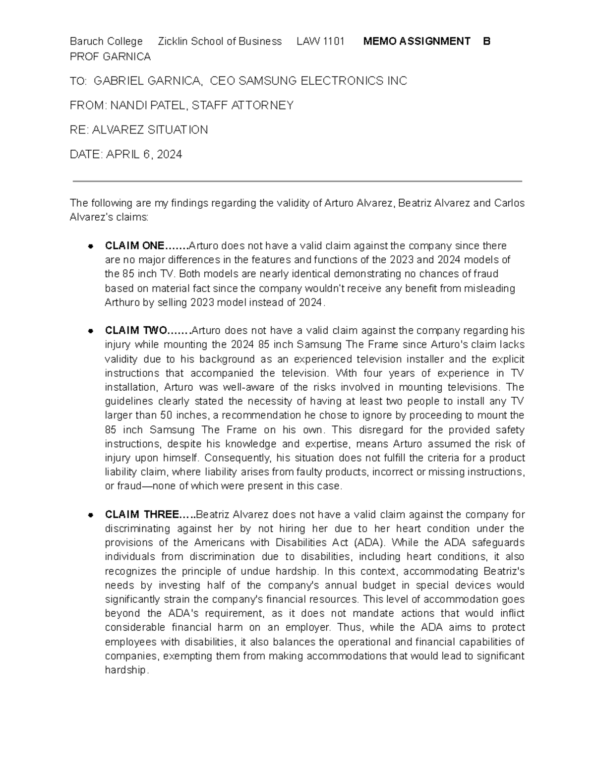 Memo B -Nandi Patel - Baruch College Zicklin School of Business LAW ...
