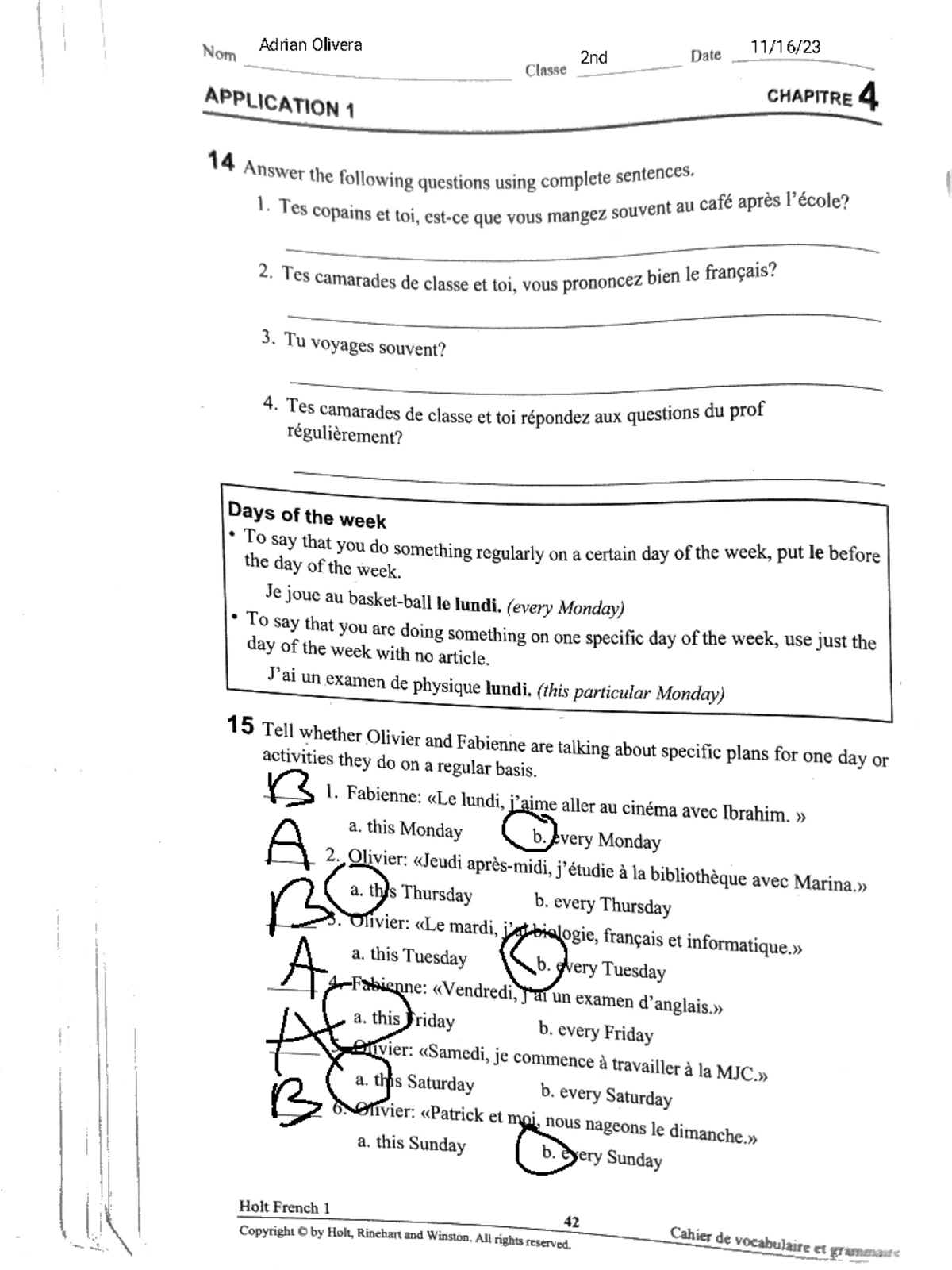 French 1 Unit 4 - Days of the week, Preferer, Adjectives as nouns - Studocu