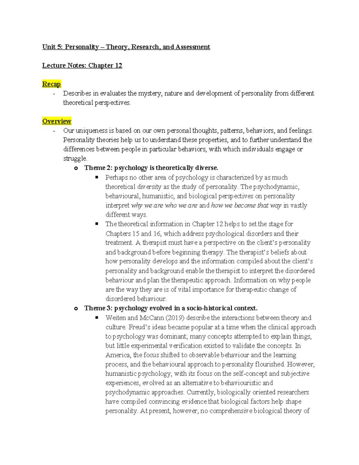 Unit 5 & 6 - notes - Unit 5: Personality – Theory, Research, and ...