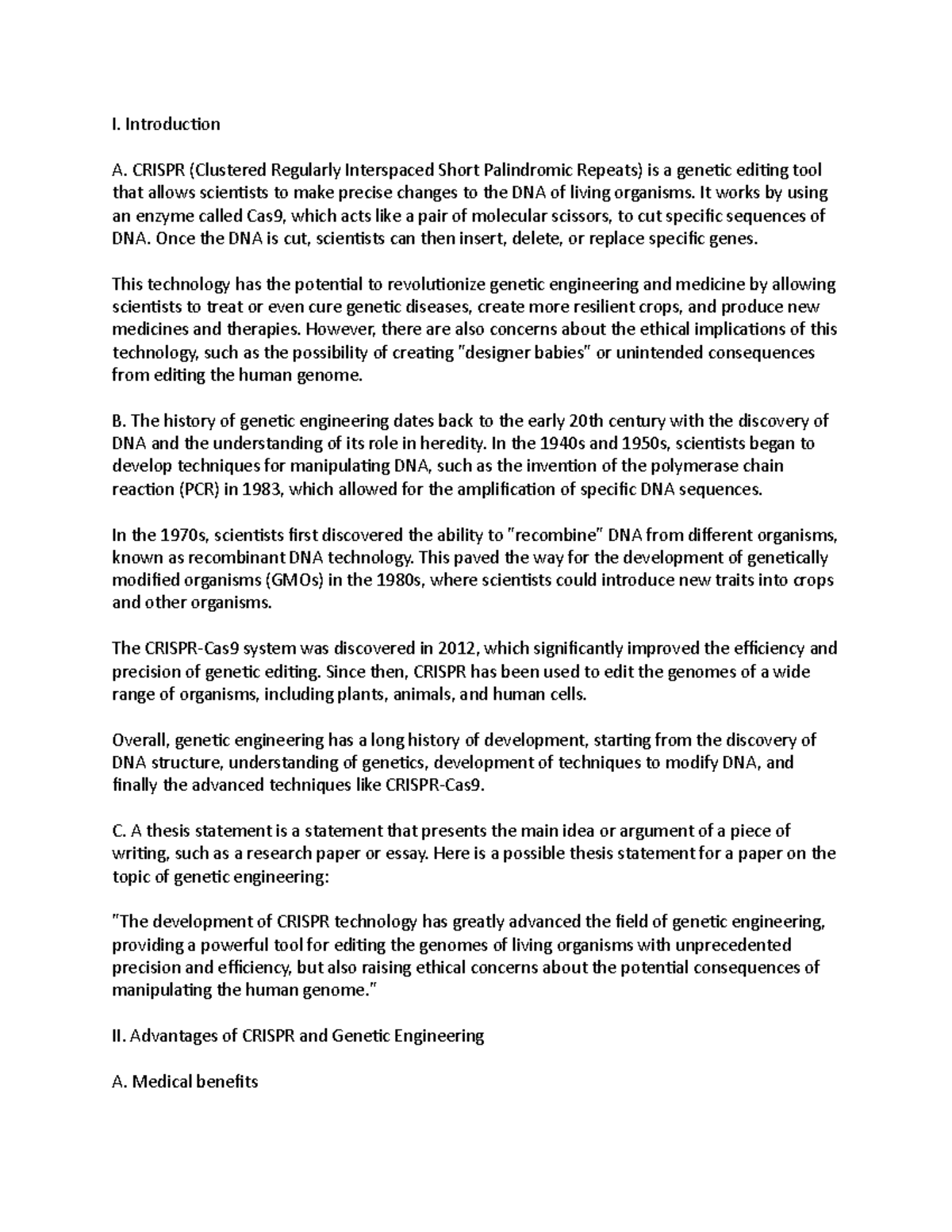 CRISPR and Genetic Engineering - I. Introduction A. CRISPR (Clustered ...