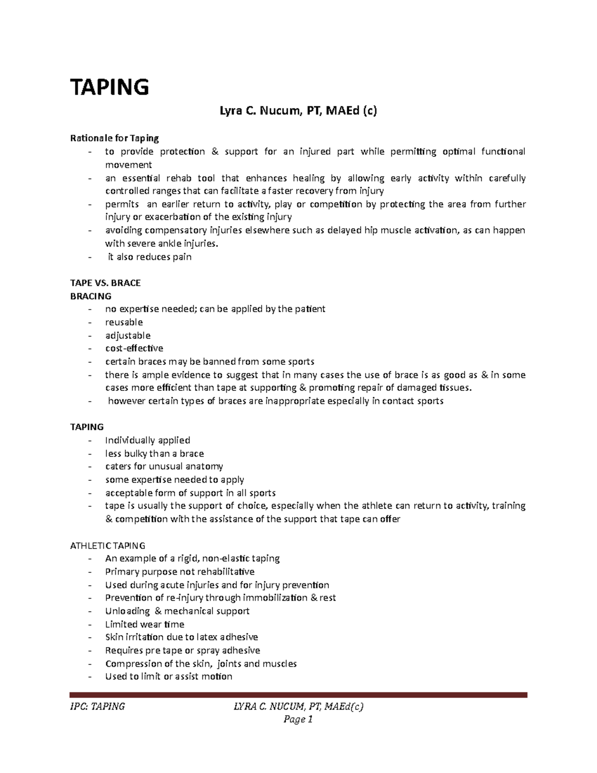 Taping based on physical therapy book - TAPING Lyra C. Nucum, PT, MAEd ...