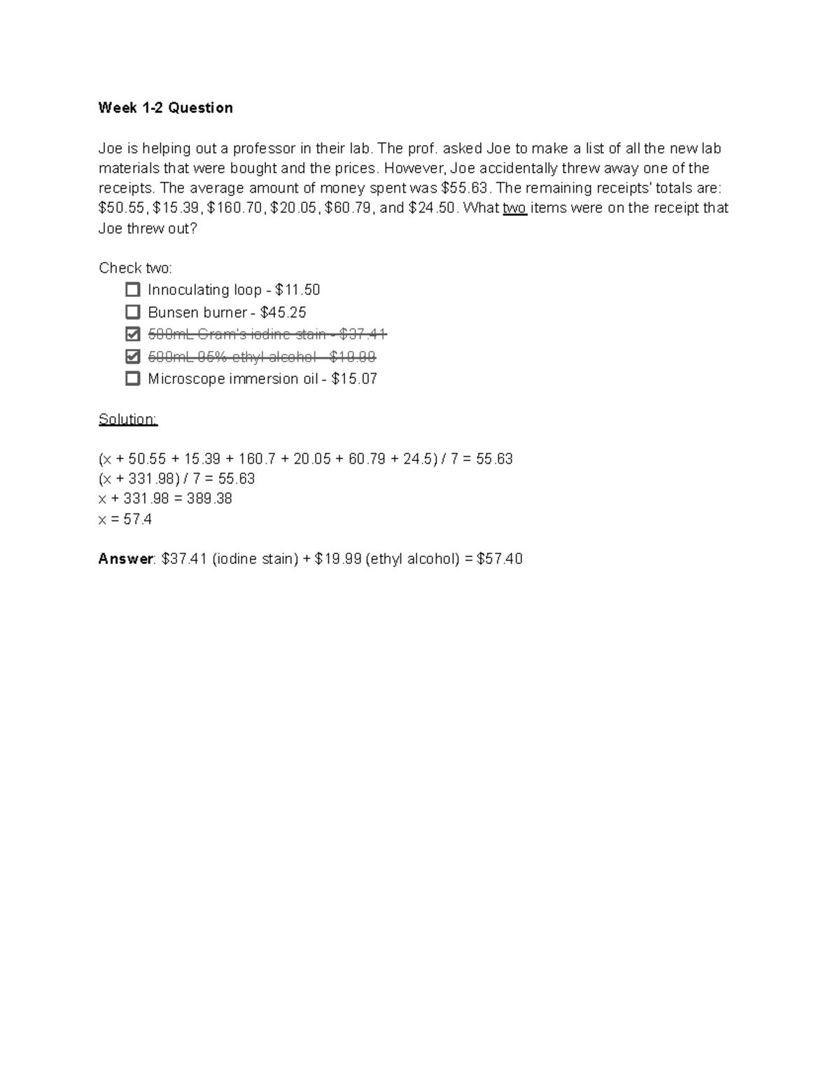 Stat202 project part A week 1-2 question - Week 1-2 Question Joe is helping out a professor in ...