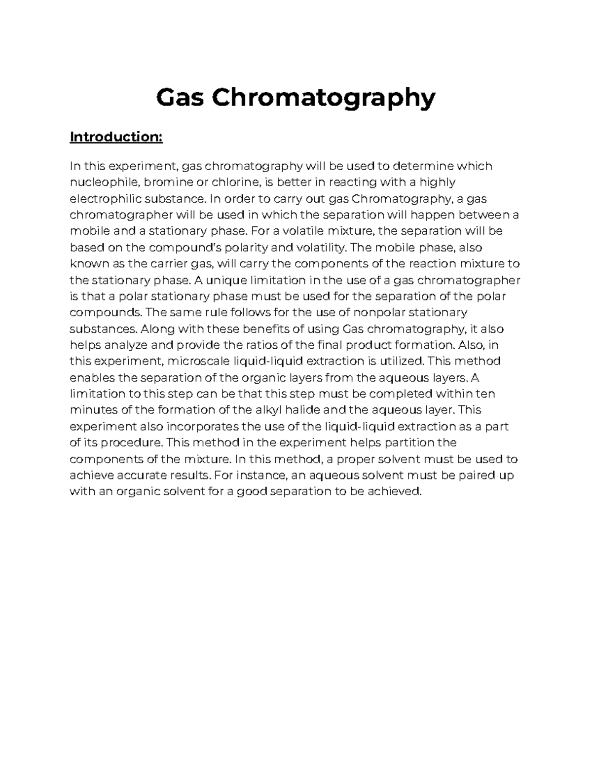 CHEM2211L E9 Lab - Gas Chromatography Introduction: In this experiment ...
