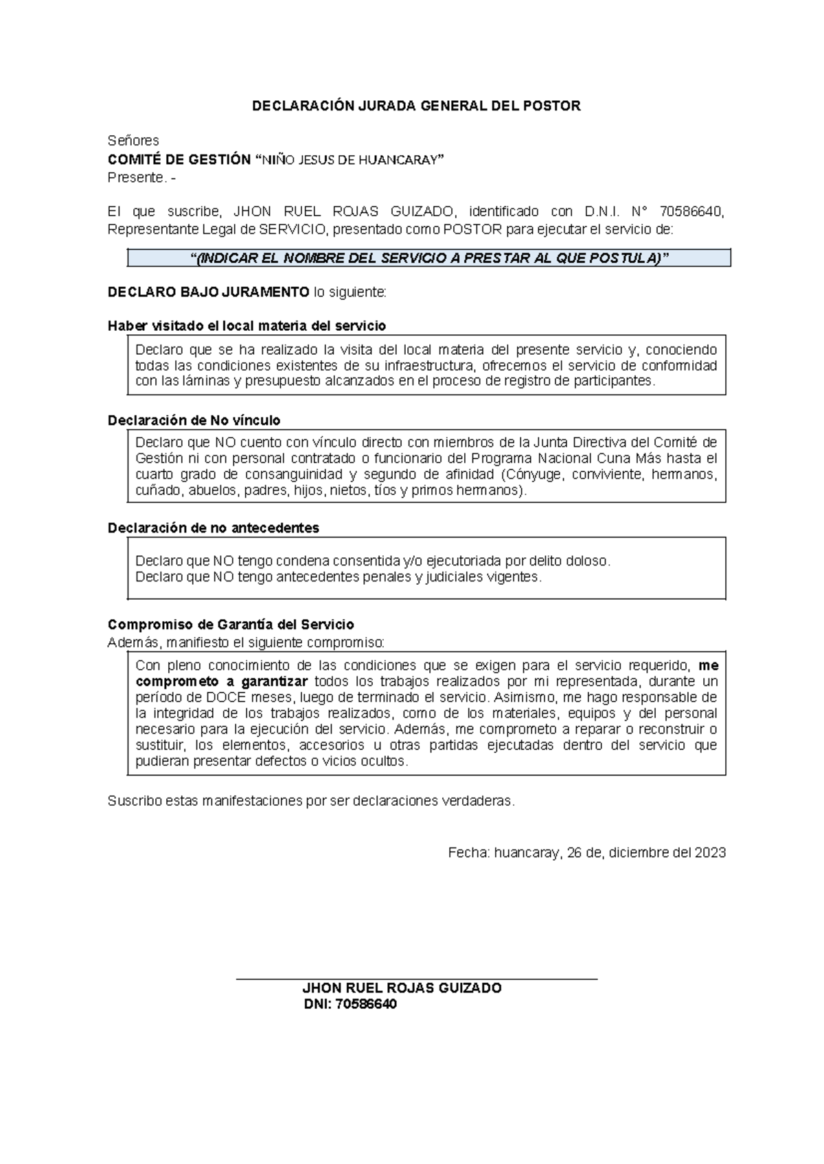Anexo 23- Modelo DE Djurada General DEL Postor - DECLARACIÓN JURADA GENERAL DEL POSTOR Señores ...
