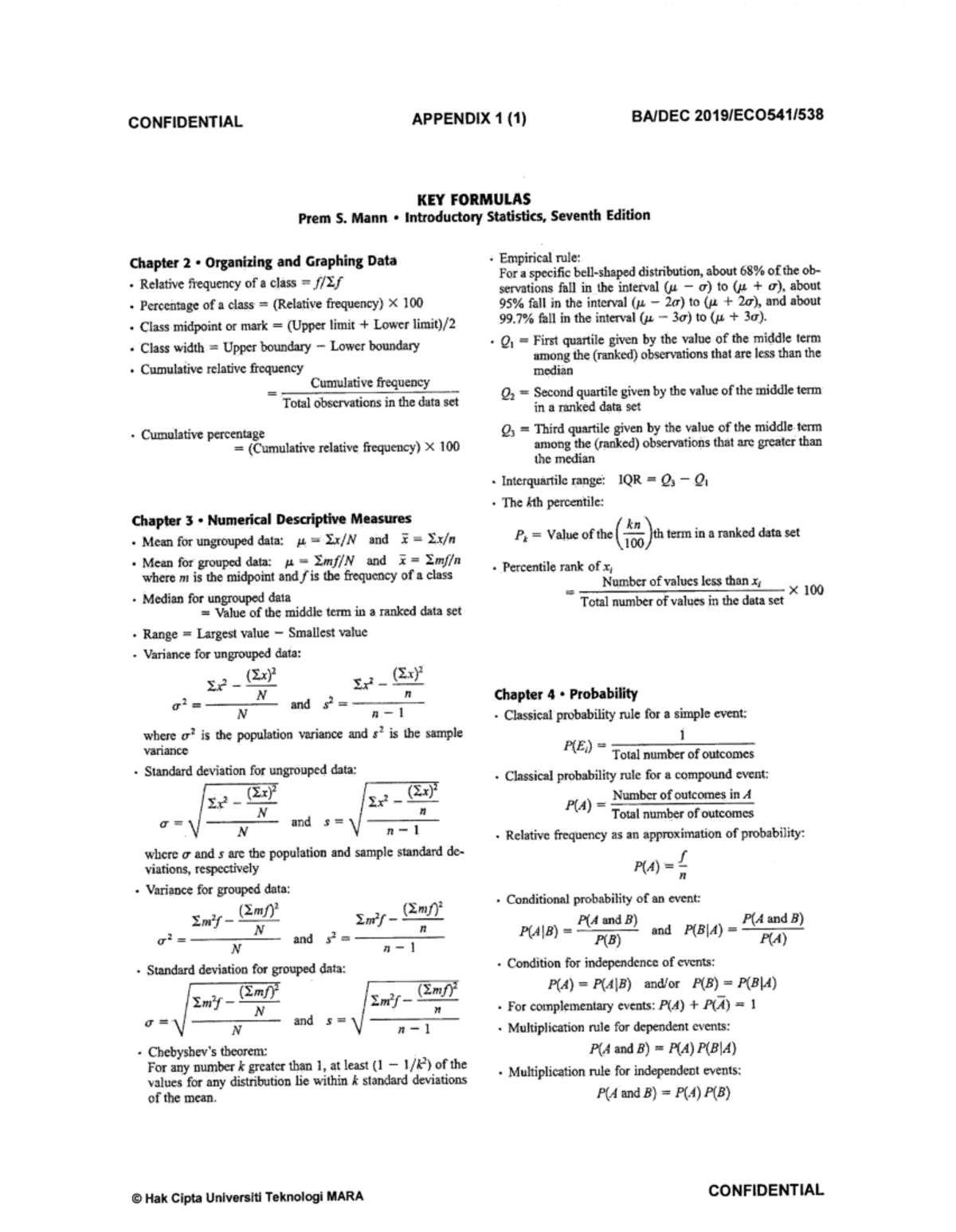 Formula - CONFIDENTIAL APPENDIX 1 (1) BA/DEC 2019/ECO541/ KEY FORMULAS ...