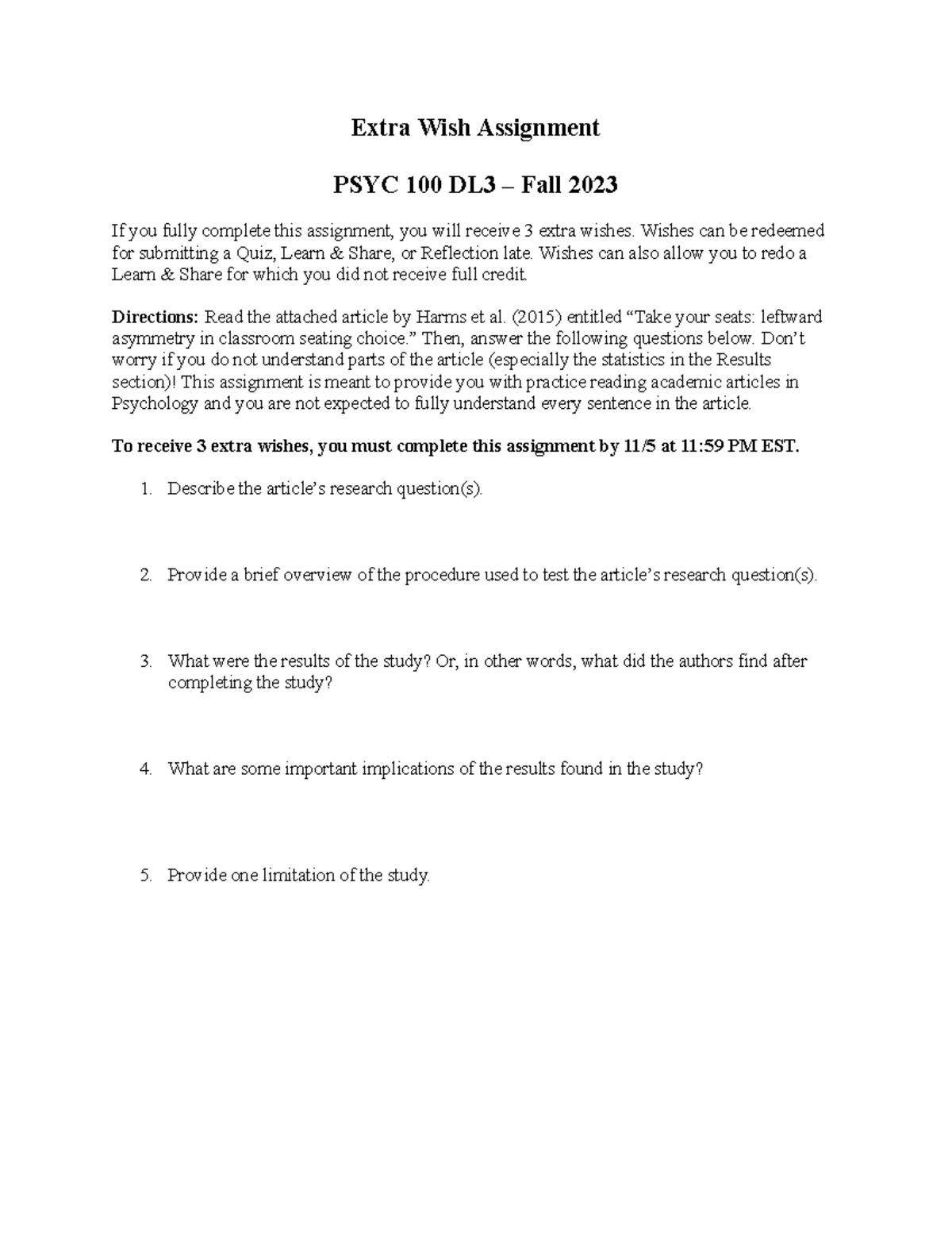 Extra Wish Assignment - Extra Wish Assignment PSYC 100 DL3 – Fall 2023 ...