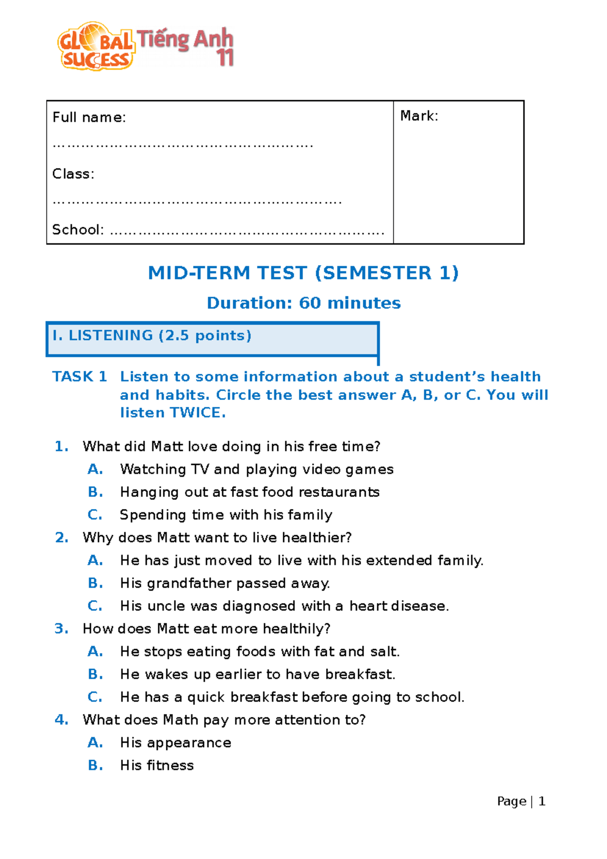 Mid-term Test 1 - Mid-term Test 1 - Full name: - Studocu