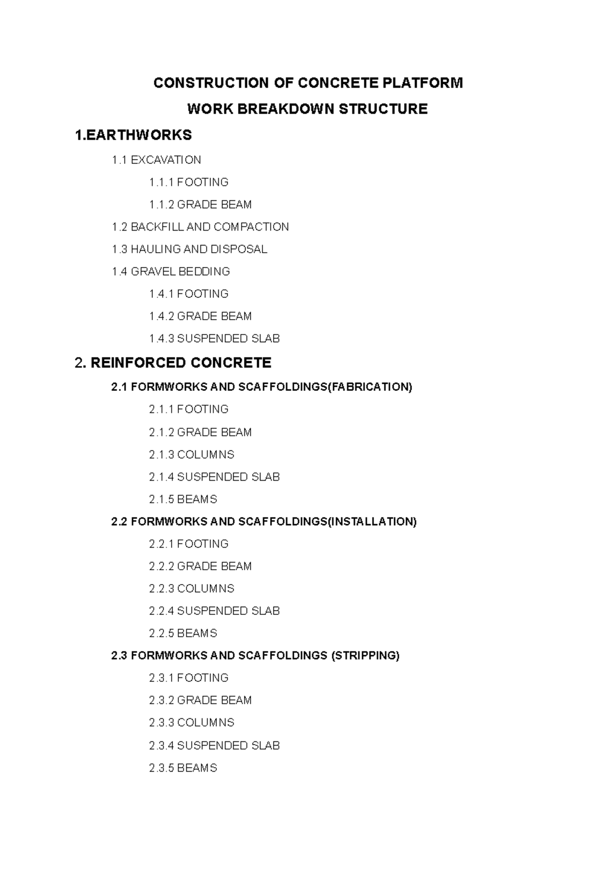 WBS - Concrete Platform - CONSTRUCTION OF CONCRETE PLATFORM WORK ...