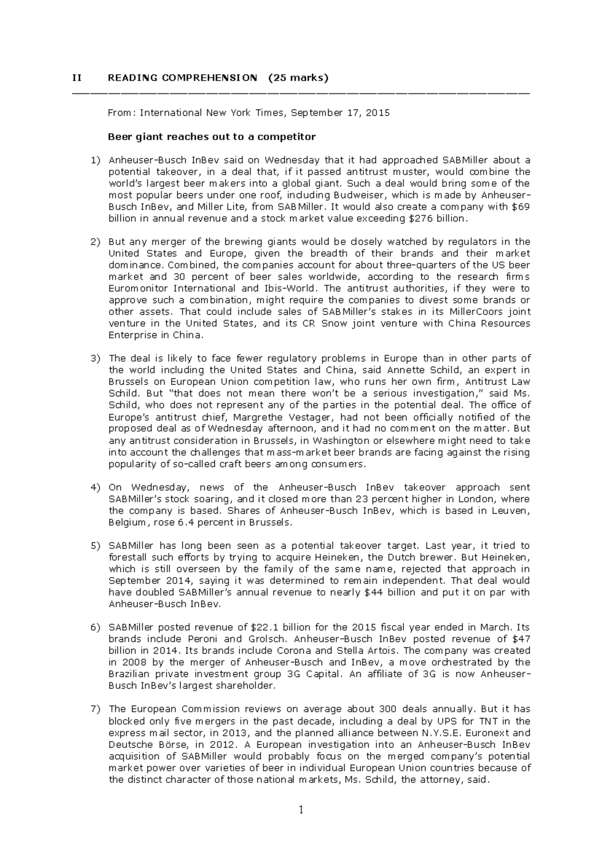 Reading Comprehension - Beer giant reaches out to a competitor - II ...